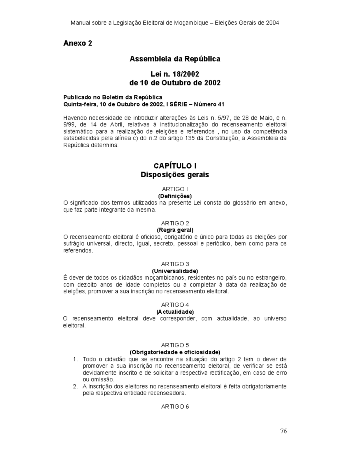 Lei n° 18/2002 sobre o Recenseamento Eleitoral em Moçambique - Studocu
