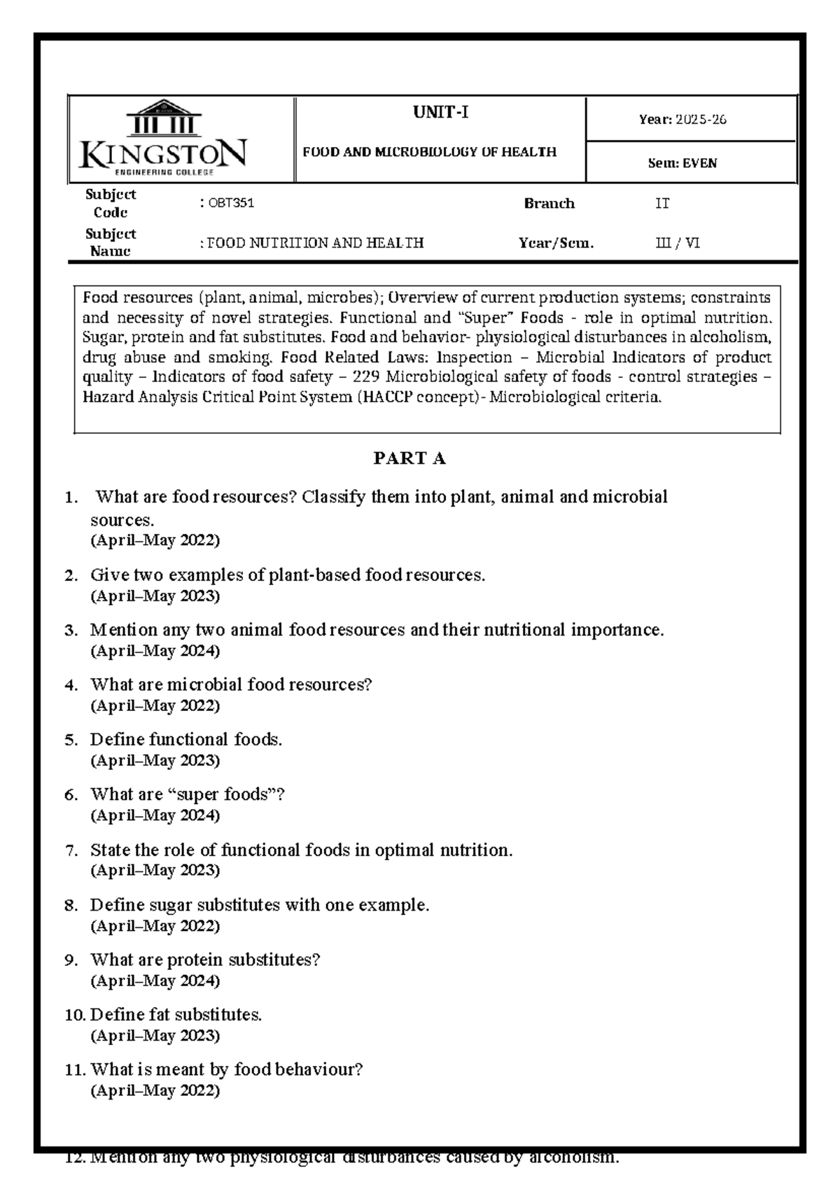 FNH-OBT351 Question Bank: Food and Microbiology of Health Final Exam ...