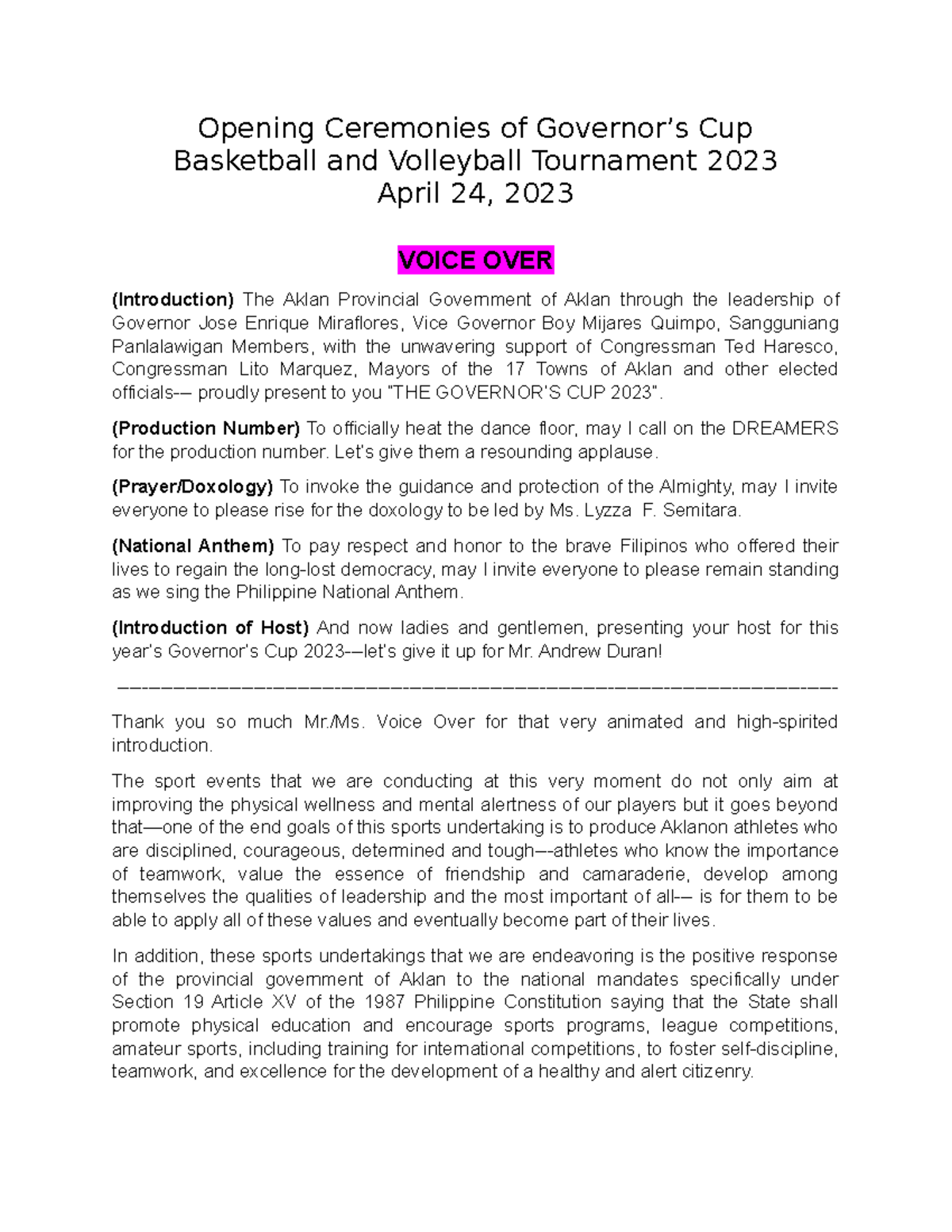 Governor's Cup 2023: Opening Ceremonies Script for Basketball ...