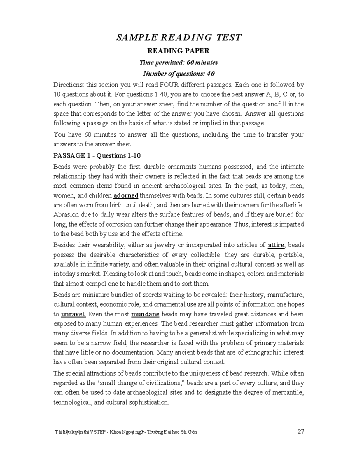 Reading Practice Test 1: Sample Questions and Passages - Studocu