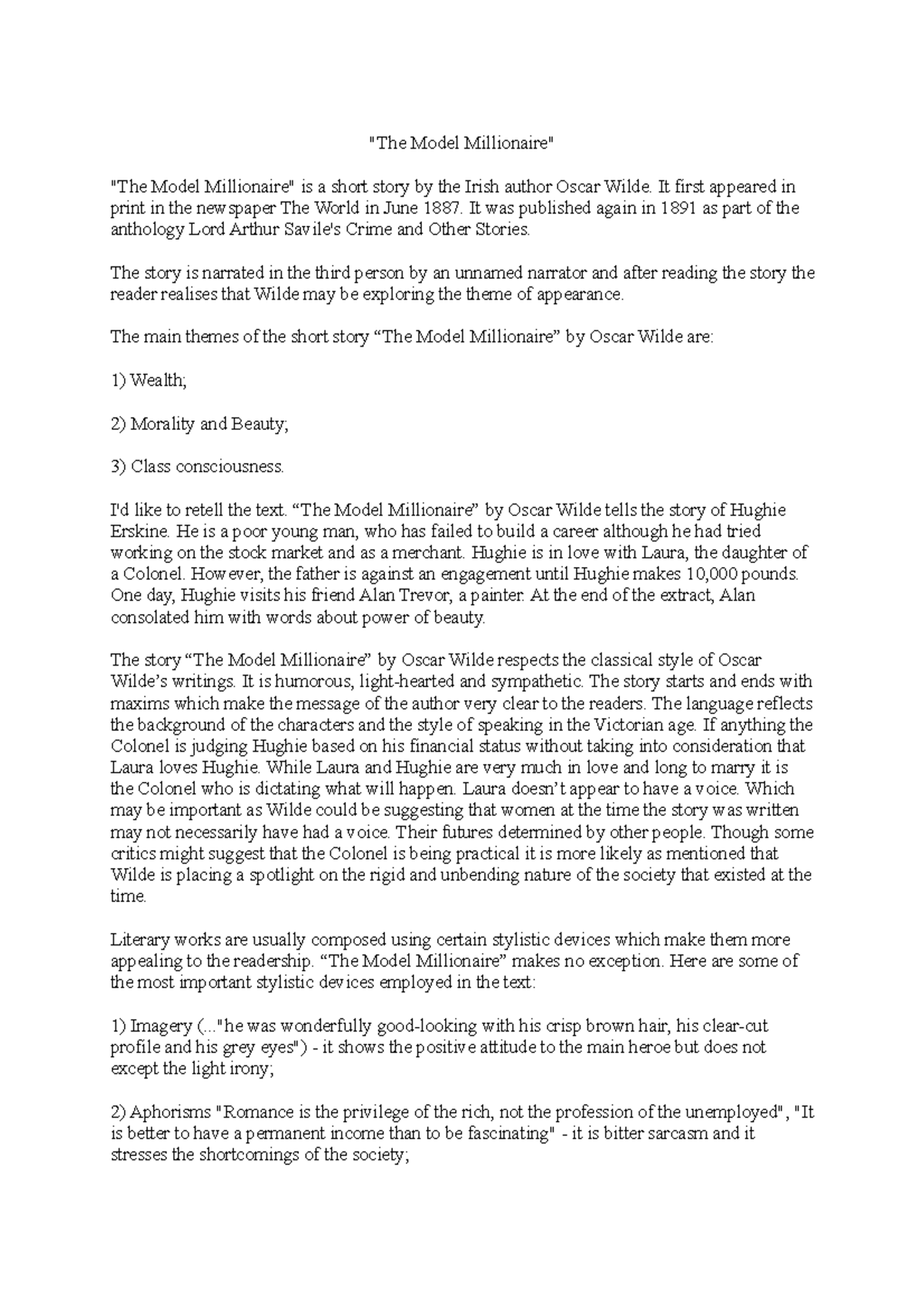 Lesson 3 - "The Model Millionaire" "The Model Millionaire" is a short ...