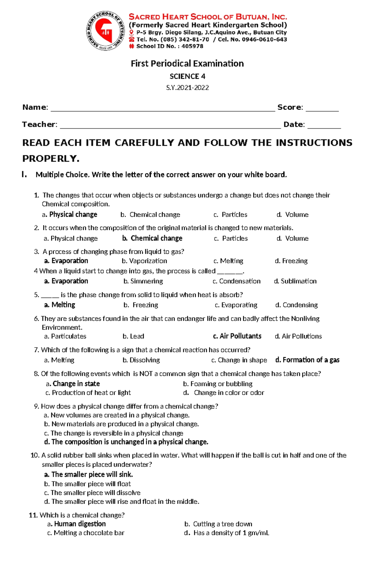 1st Periodical Examination in Science 4: Key Concepts and Questions ...
