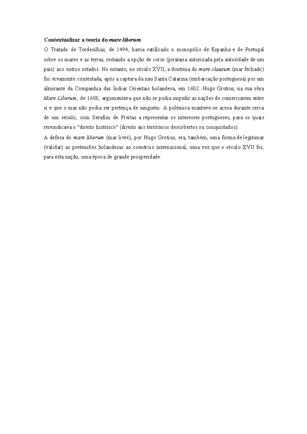 Contextualização da Teoria do Mare Liberum - Hugo Grotius - Studocu