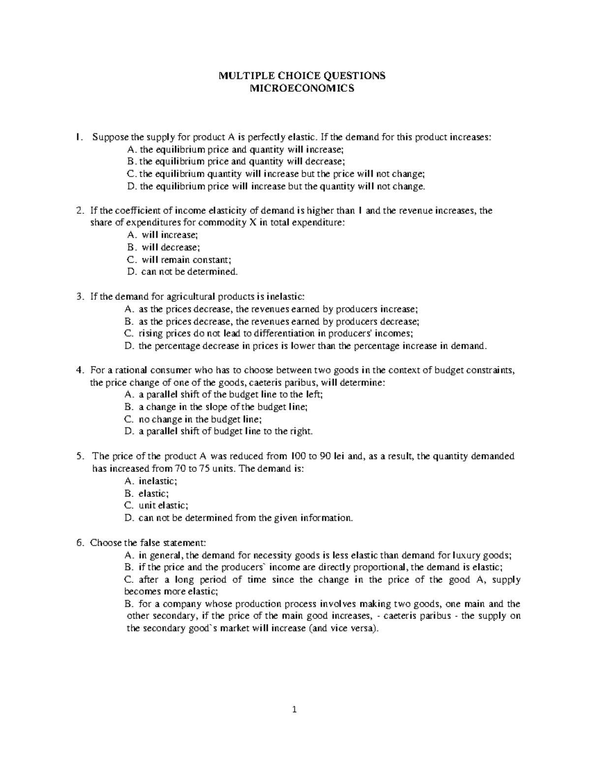 Macroeconomics quiz mcq - MULTIPLE CHOICE QUESTIONS MICROECONOMICS ...