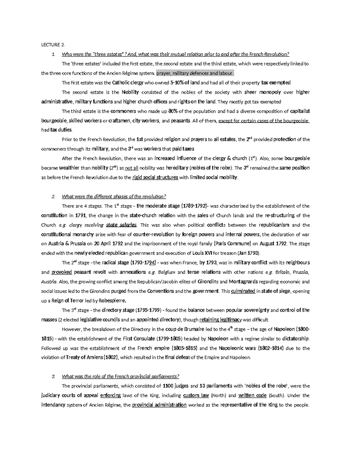 European History LECTURE Notes: Estates, Revolutions, and Unification ...