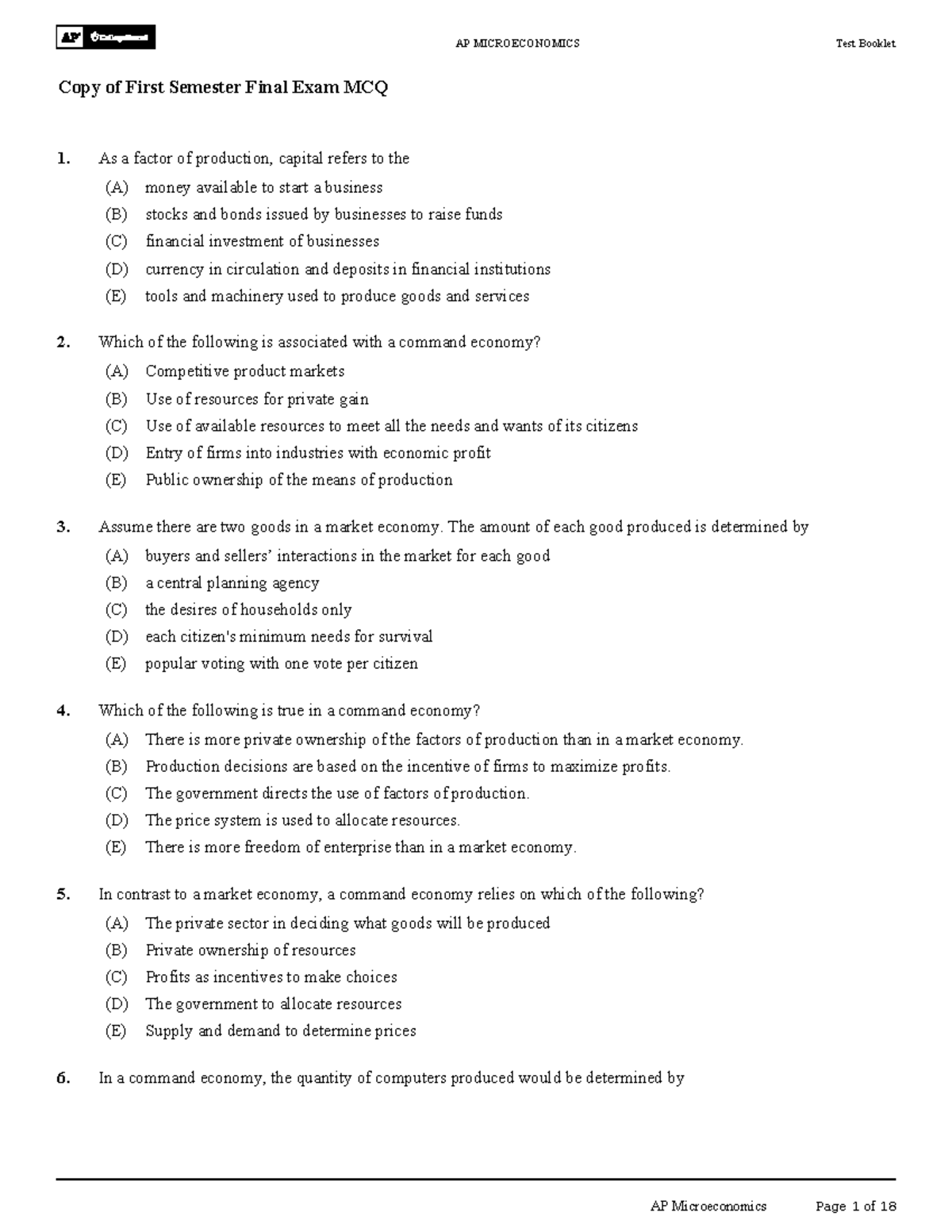 AP MICROECONOMICS First Semester Final Exam MCQ Test Booklet - Studocu