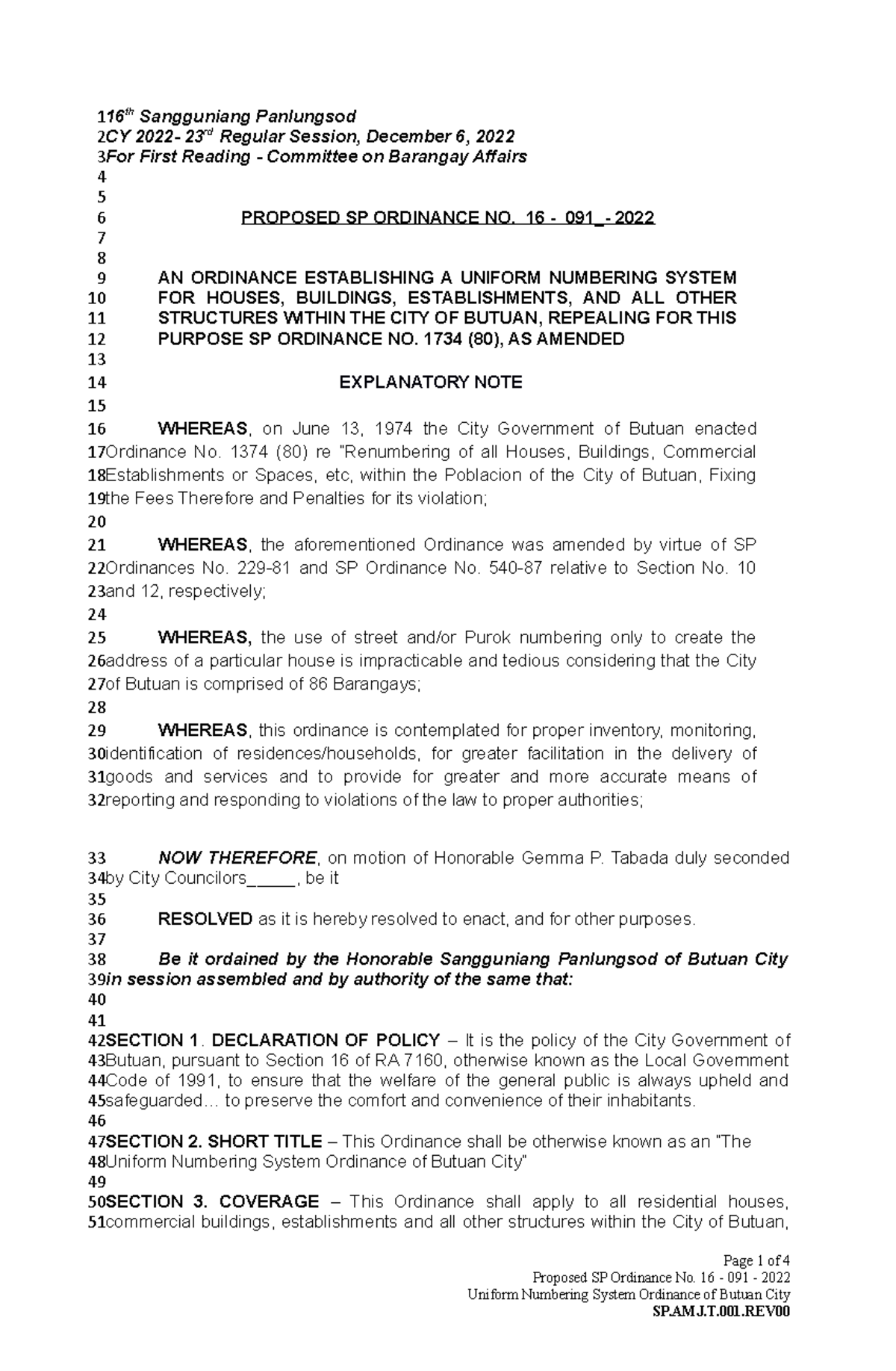 Proposed SP Ordinance No. 16-091-2022: Uniform Numbering System of ...