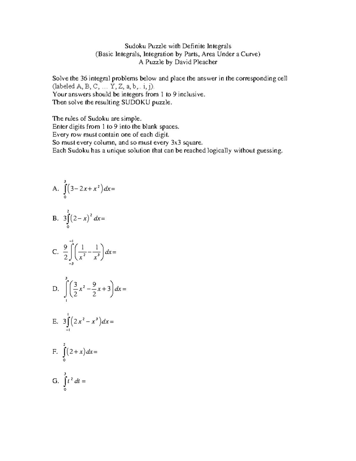 Calculus Sudoku Puzzle: Integrals and Area (Math 101) - Studocu