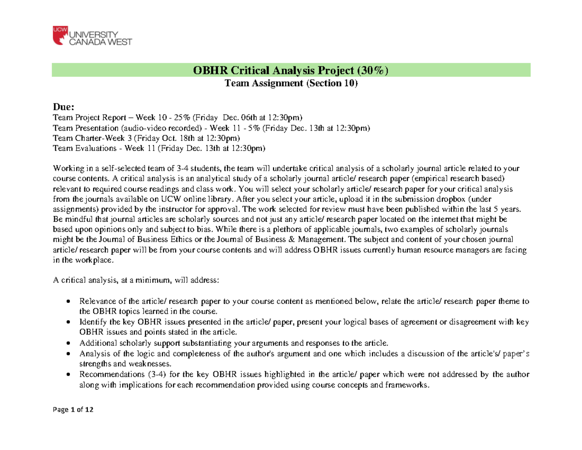 OBHR 622 Team Critical Analysis Project Guidelines and Requirements ...