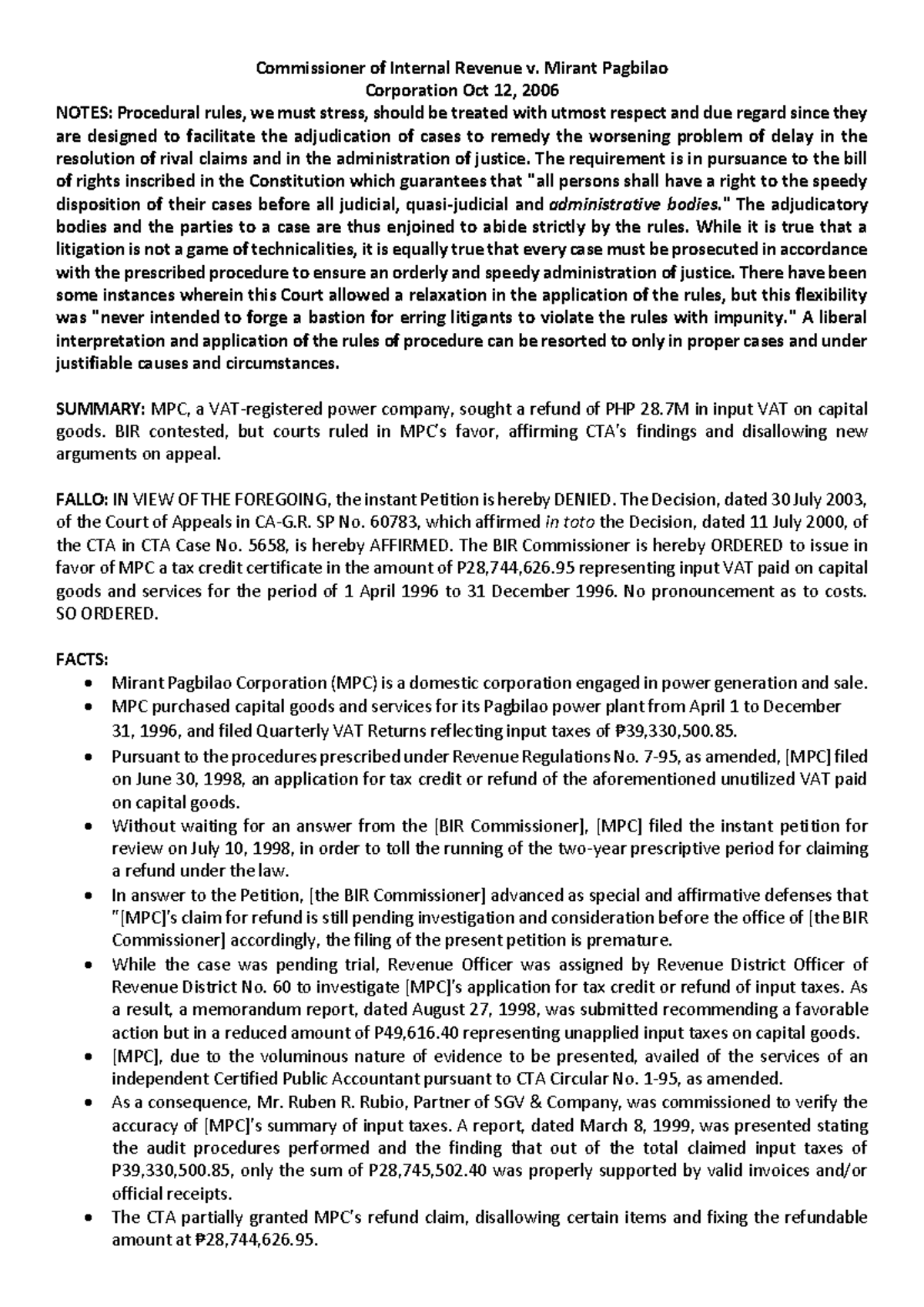 Commissioner of Internal Revenue v. Mirant Pagbilao Corp. Case Summary - Studocu
