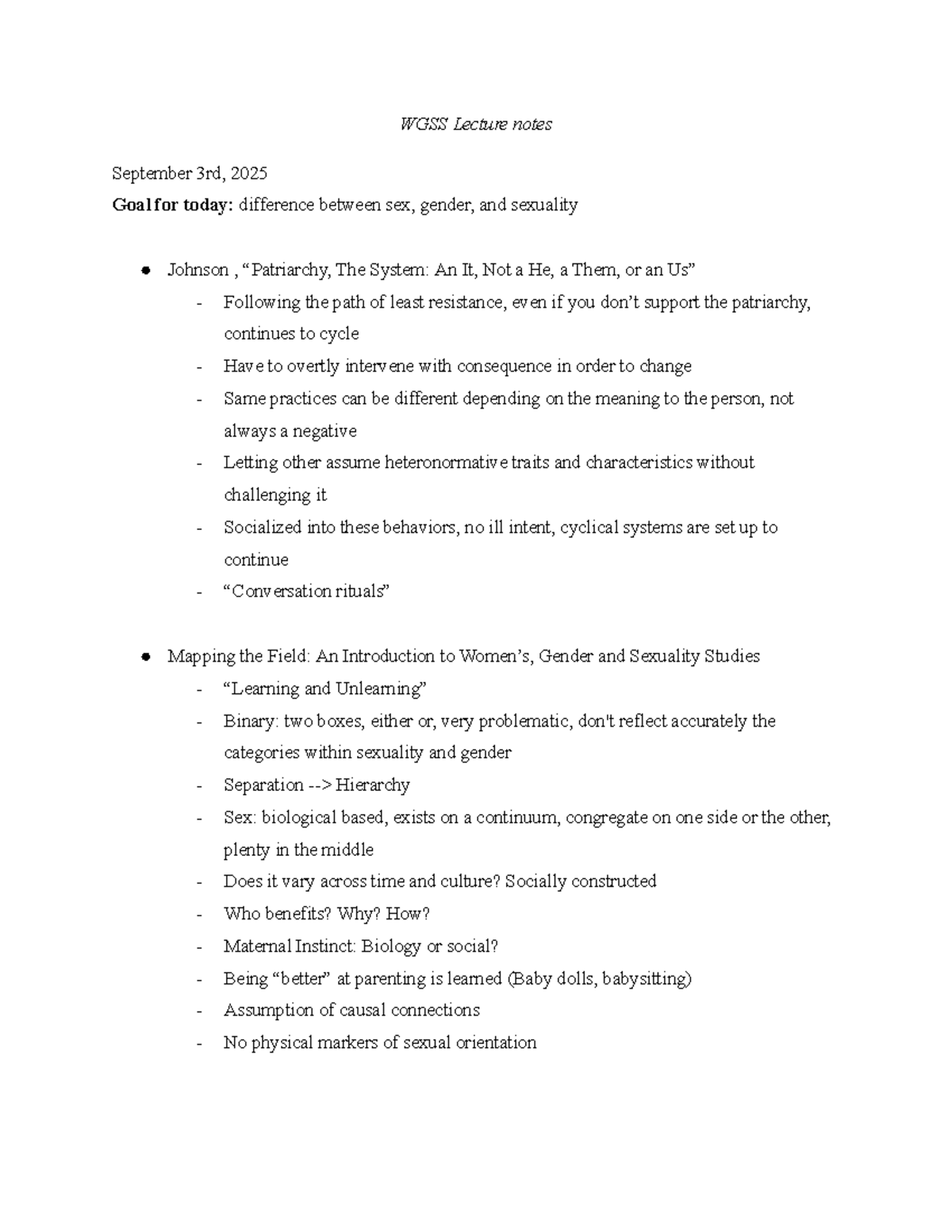 WGSS Lecture Notes: Understanding Sex, Gender, and Sexuality Concepts ...