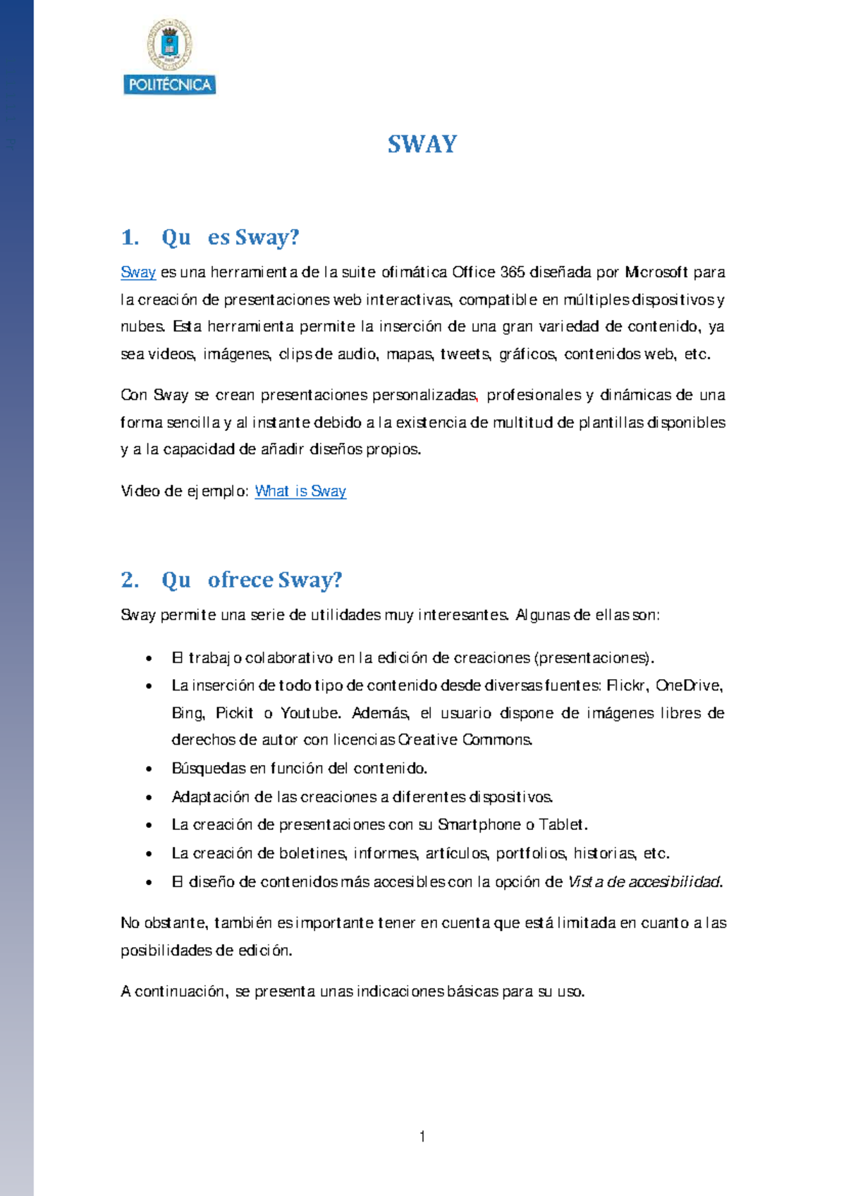 Guía de Uso de Sway: Manual de Manejo para Office 365 - Studocu