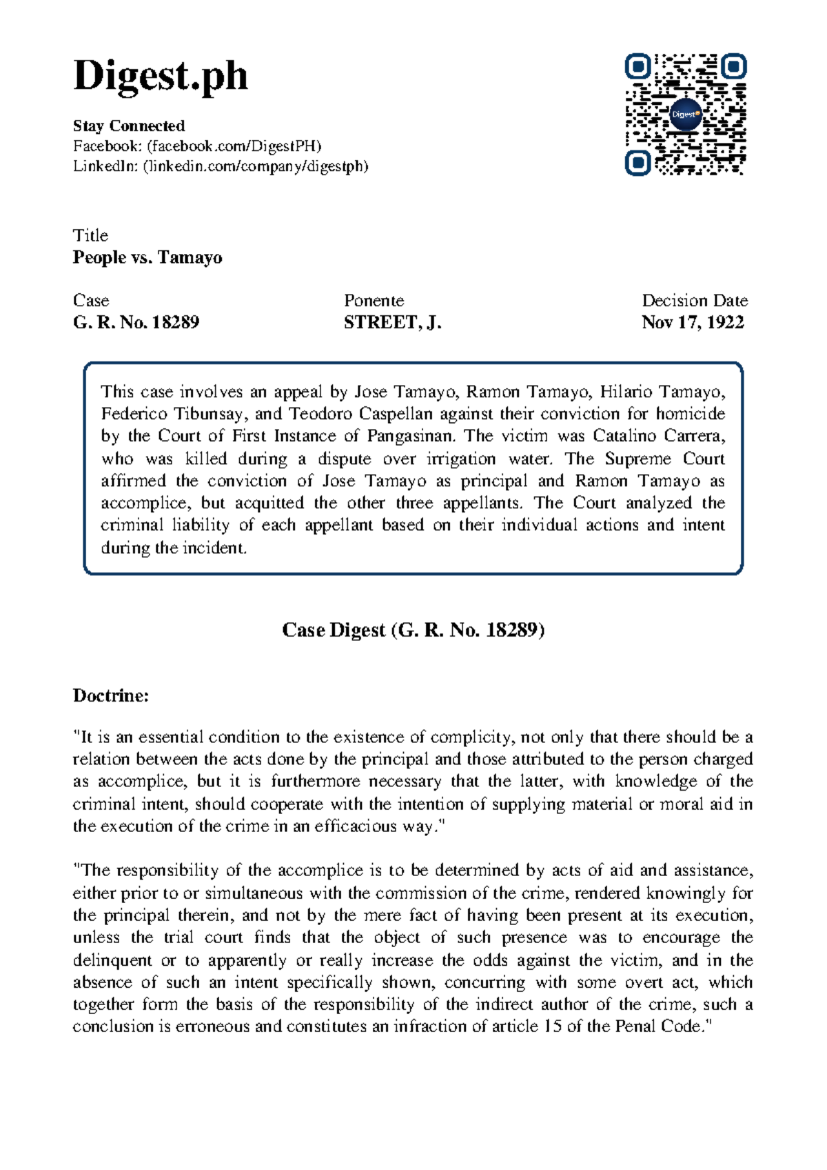 Case digest people vs tamayo-Downloaded from Digest PH - Title People ...