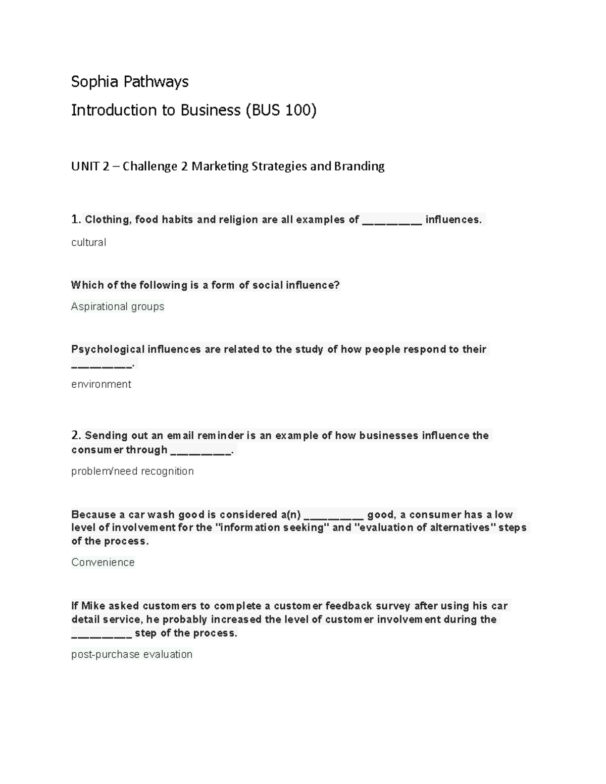 BUS 100 Unit 2 Challenge 2 - Sophia Pathways Introduction to Business ...