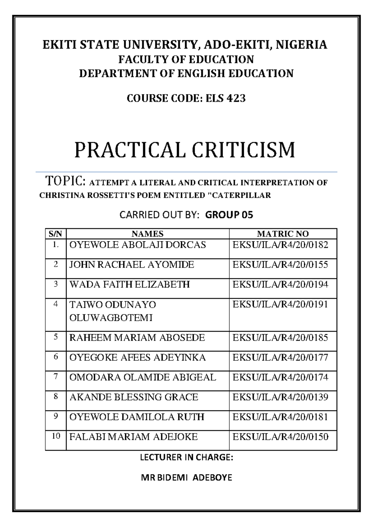 Attempt A Literal AND Critical Interpretation OF Christina Rossetti'S ...