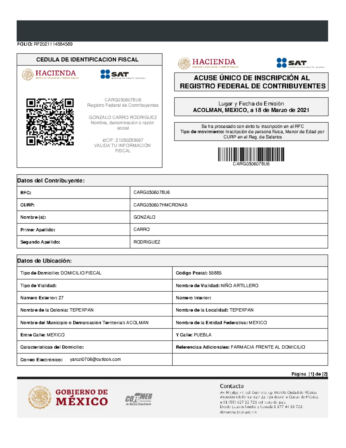 RFC CEDULA DE IDENTIFICACION FISCAL - CARG0306078U - Studocu