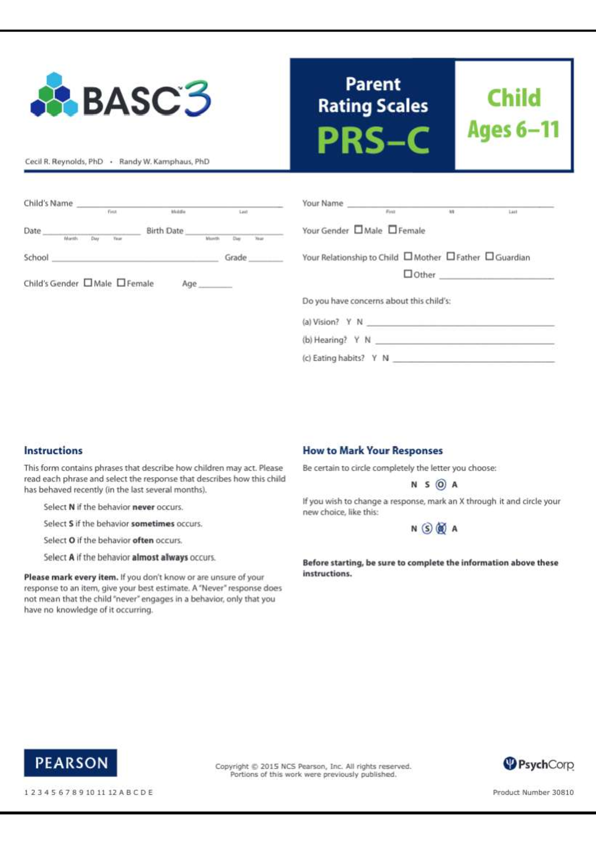BASC parent cover page - BASC3 Parent Rating Scales Child Ages Cecil R ...