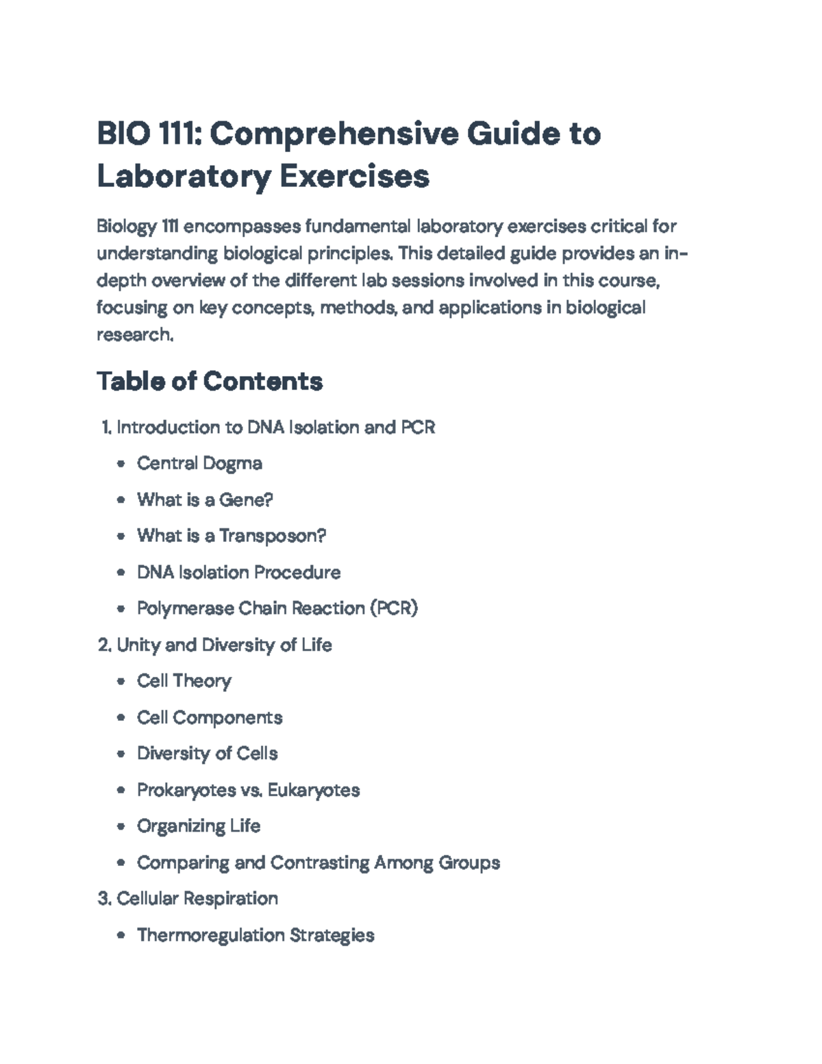 BIO 111: Comprehensive Laboratory Exercises on Biological Principles ...