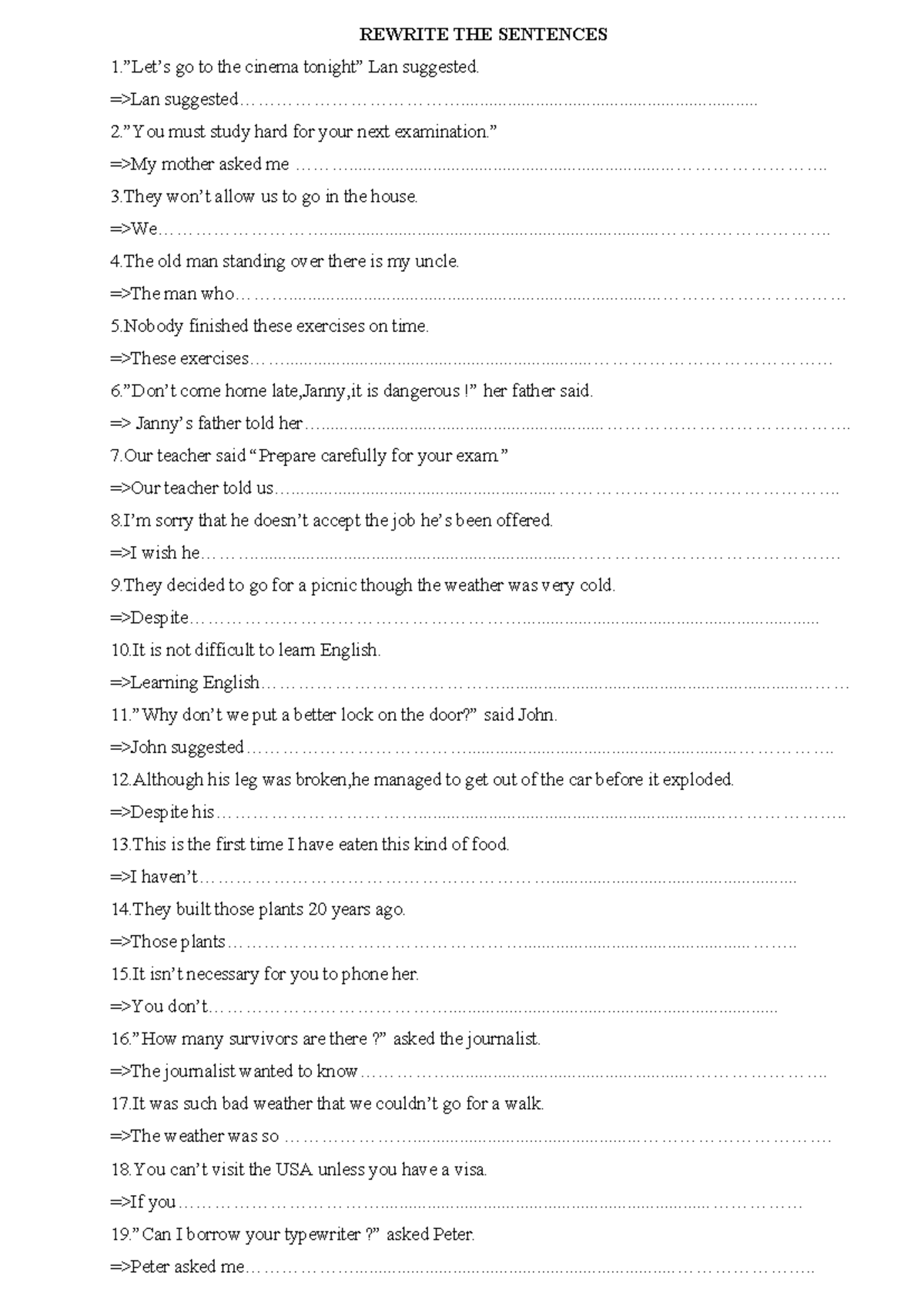 Rewrite the Sentences (De 1-20) for English Practice - Studocu