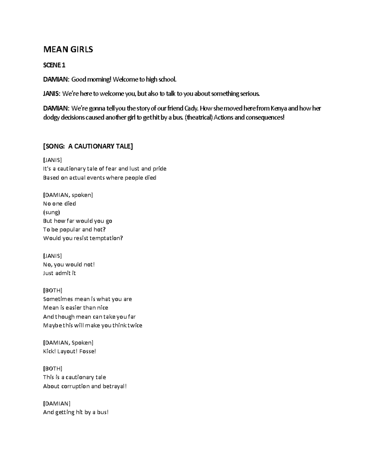 Mean Girls (MUS 101) - Script & Performance Analysis - Studocu