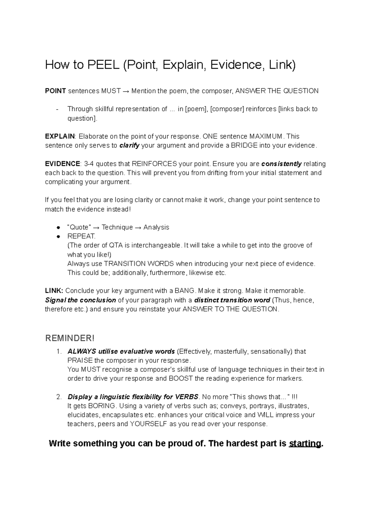 Template How to write a PEEL (Point, Explain, Evidence, Link) - How to ...