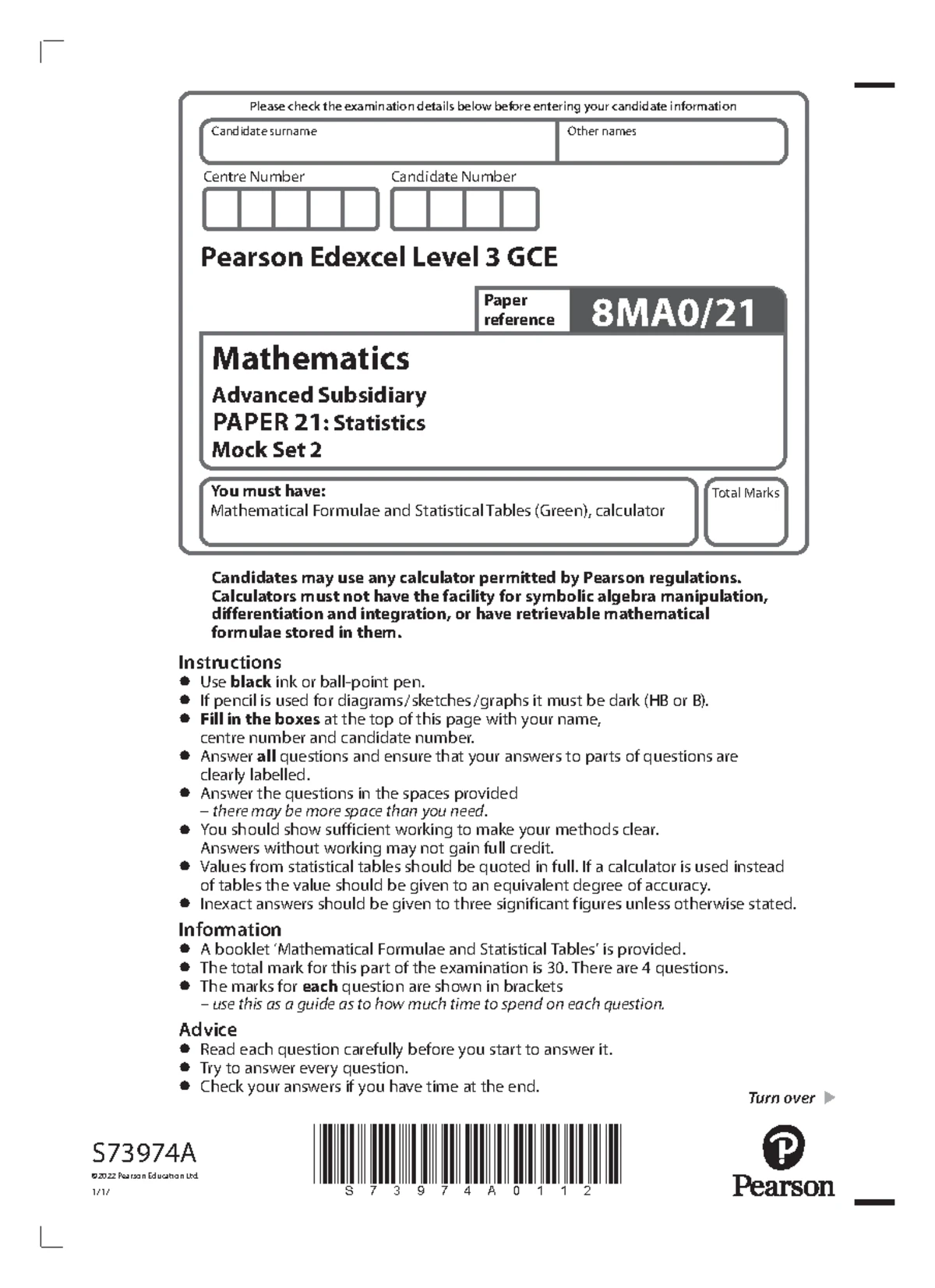 8MA0-21 AS Statistics - Mock Exam Set 1 Guidelines and Questions - Studocu