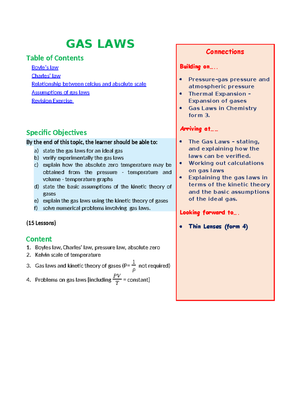 GAS LAWS (Form 3) - Comprehensive Study Notes and Exercises - Studocu