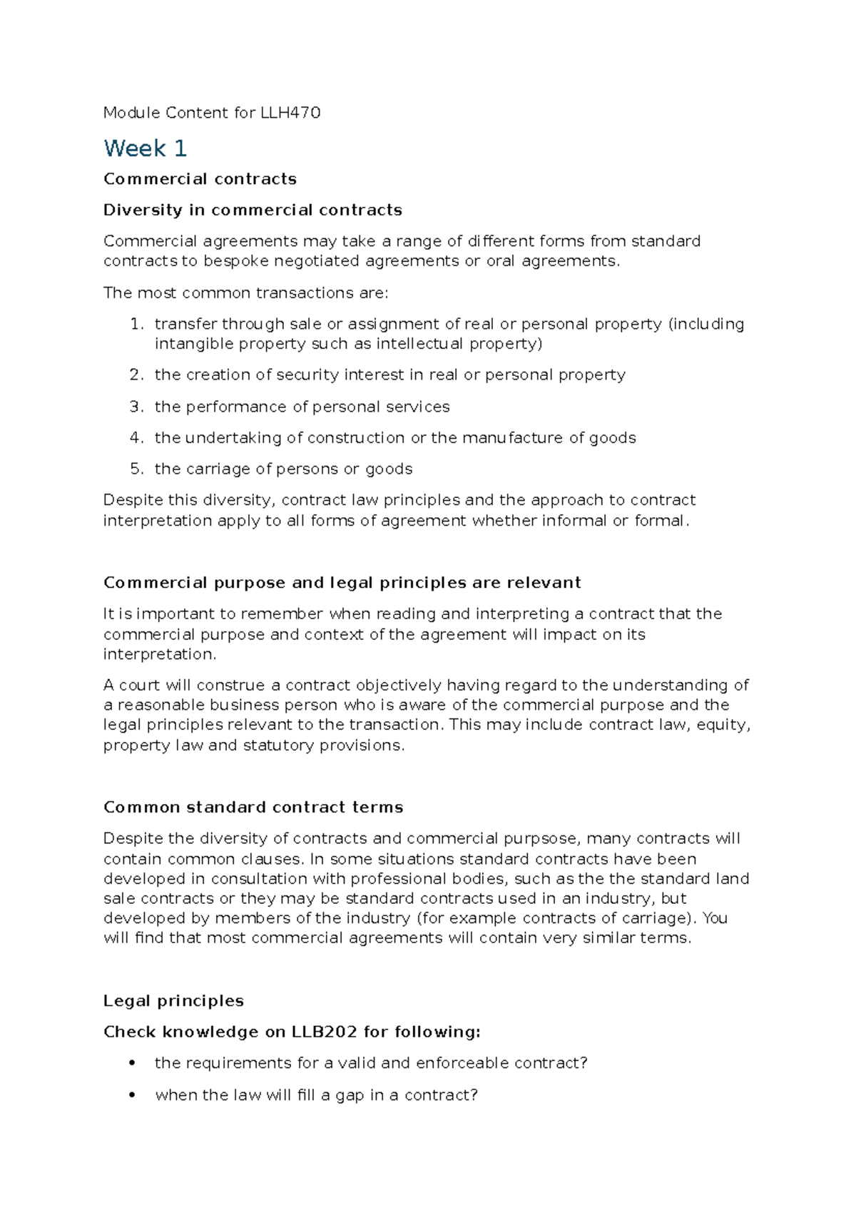 LLH470 - Week 1: Understanding Commercial Contracts and Legal ...