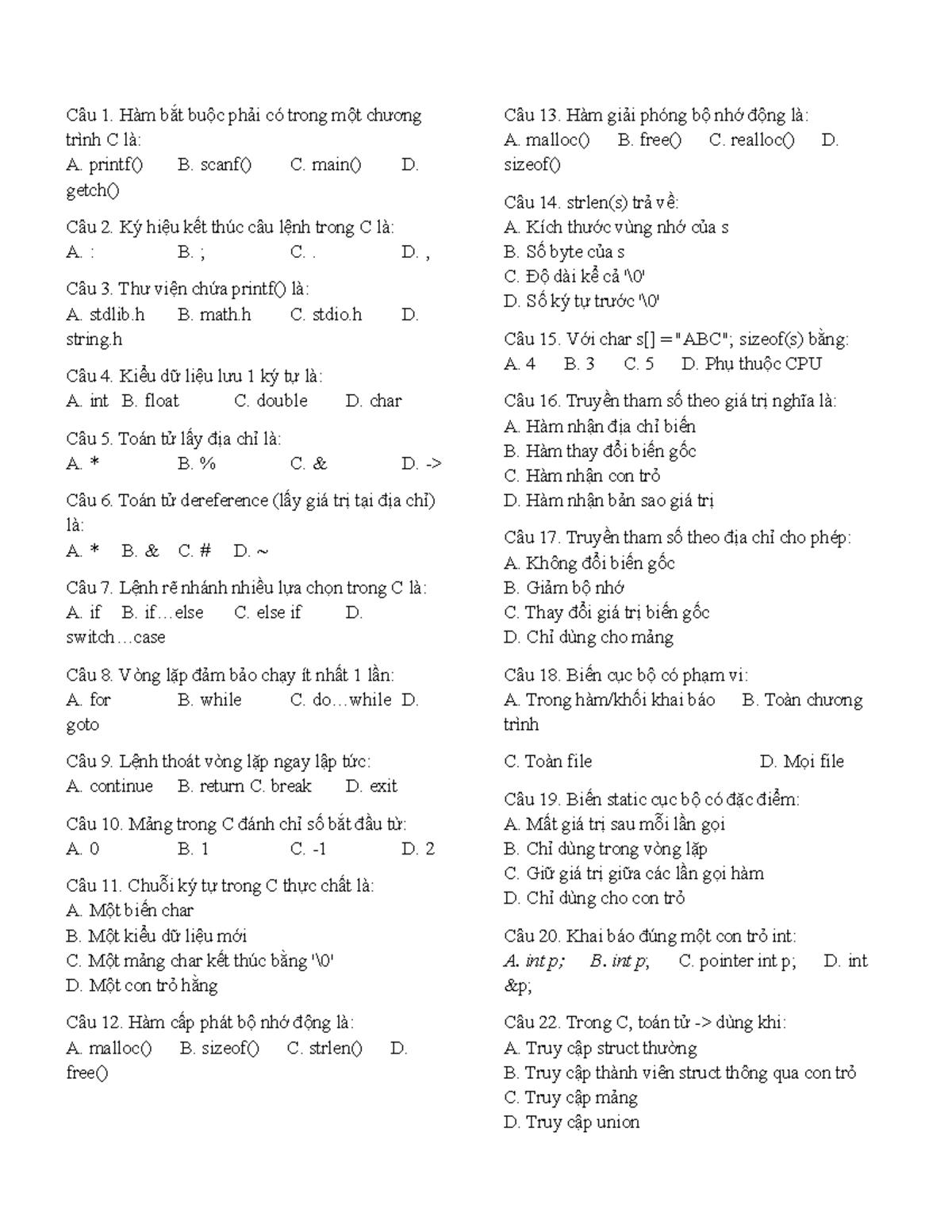 BT TN - Giáo Dục: Câu Hỏi Ôn Tập Ngôn Ngữ C - Studocu