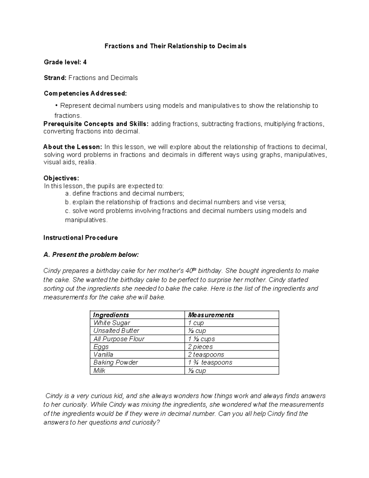 Grade 4 Lesson Plan: Exploring Fractions and Decimals Relationship ...