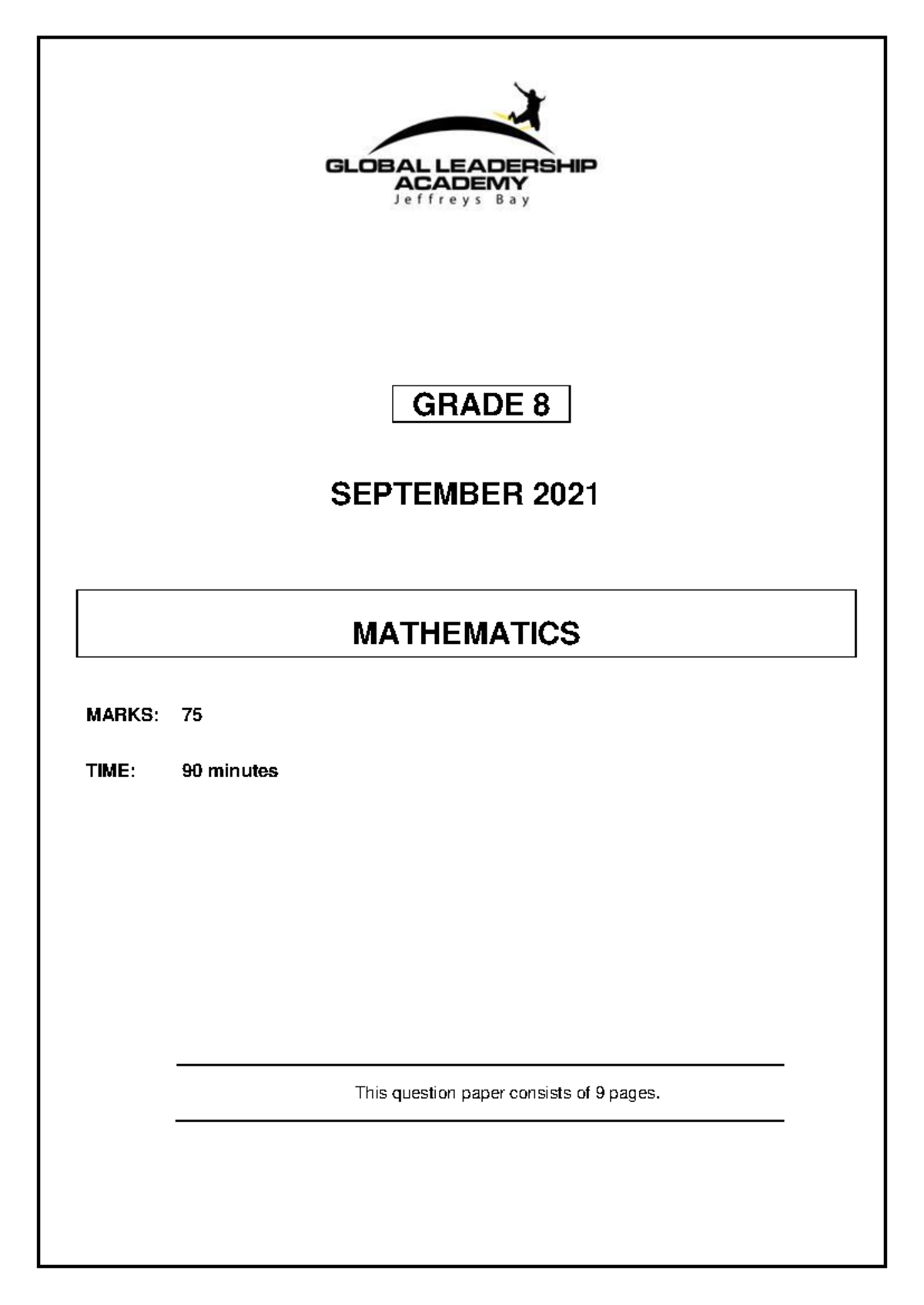 Grade 8 Mathematics Exam - September 2021 (75 Marks, 90 min) - Studocu
