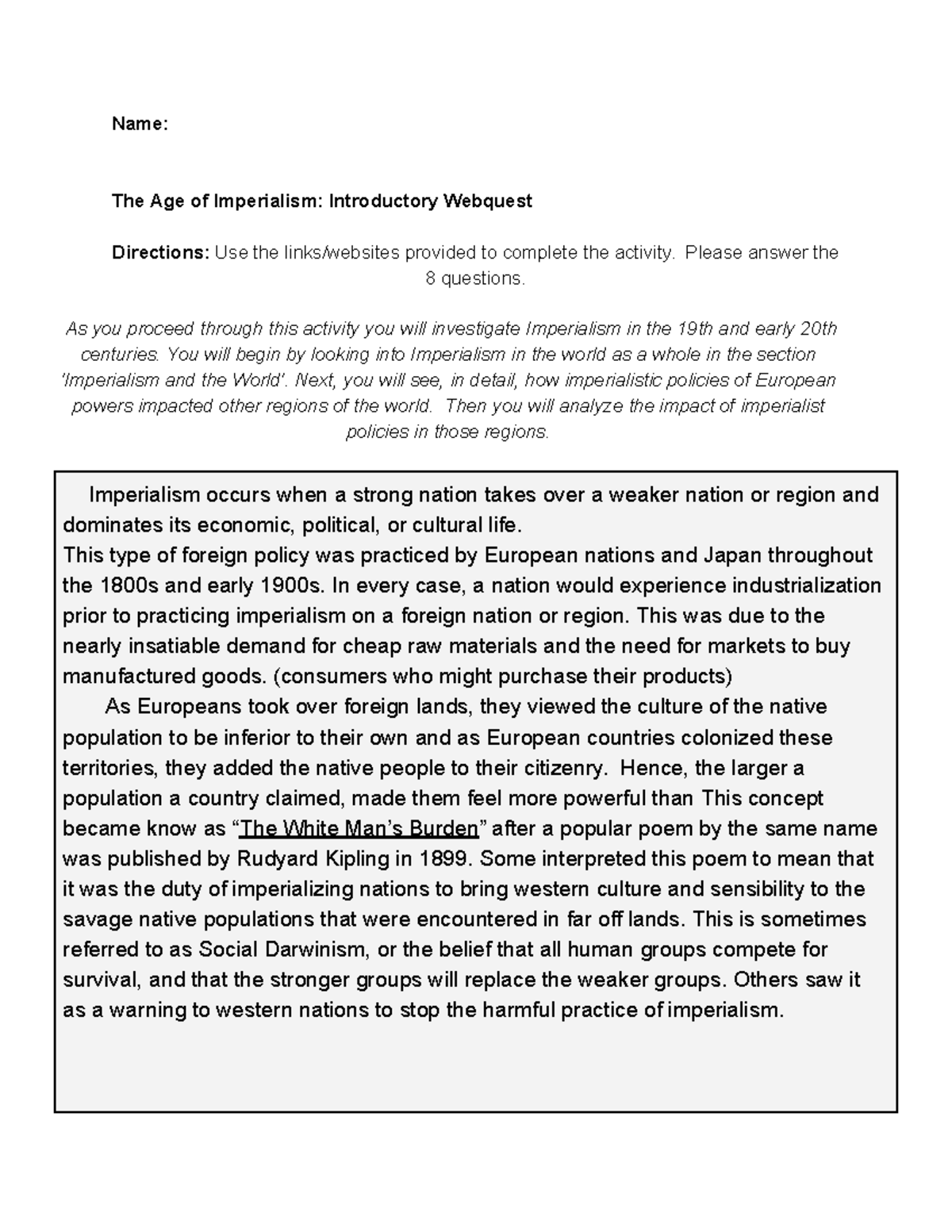 The Age of Imperialism: Introductory Webquest Analysis - Studocu
