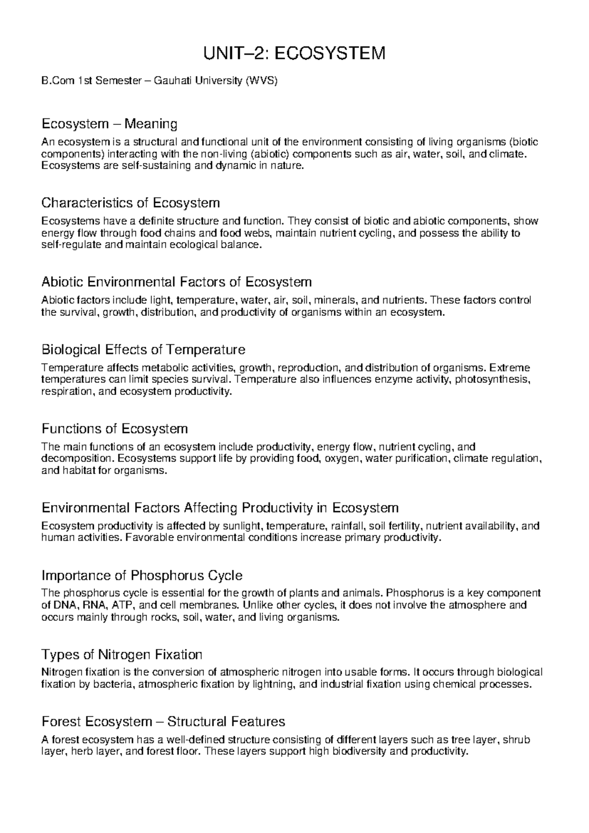 Unit 2 Ecosystem Notes - B.Com 1st Sem, Gauhati University - Studocu