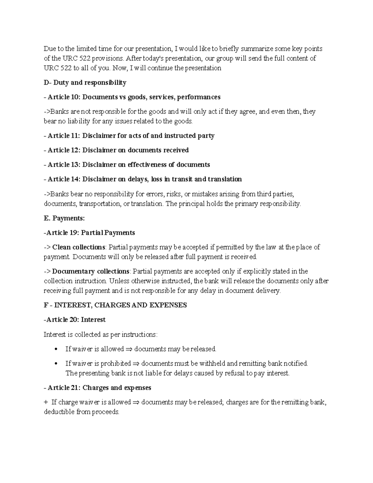URC 522 Key Provisions Summary for Presentation - Studocu