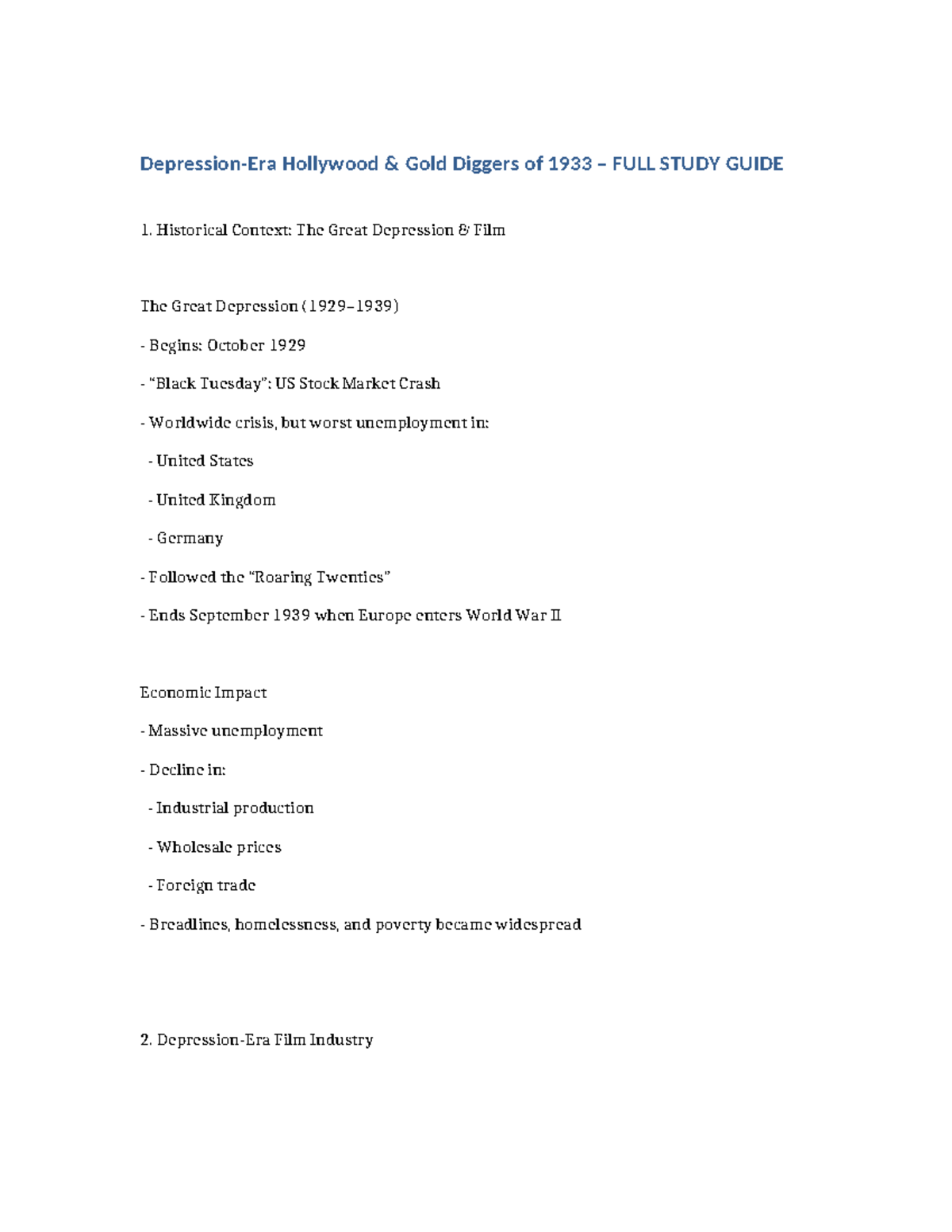 Hollywood Gold Diggers of 1933 Study Guide: Context & Themes - Studocu