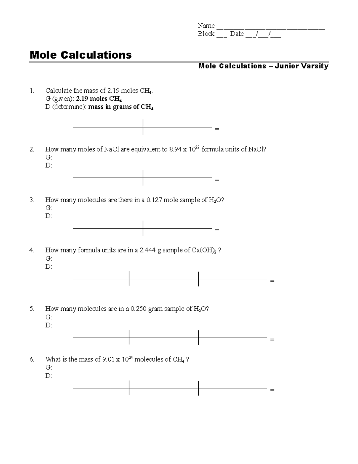 Mole Calculations and Conversions: Junior Varsity HW - Studocu