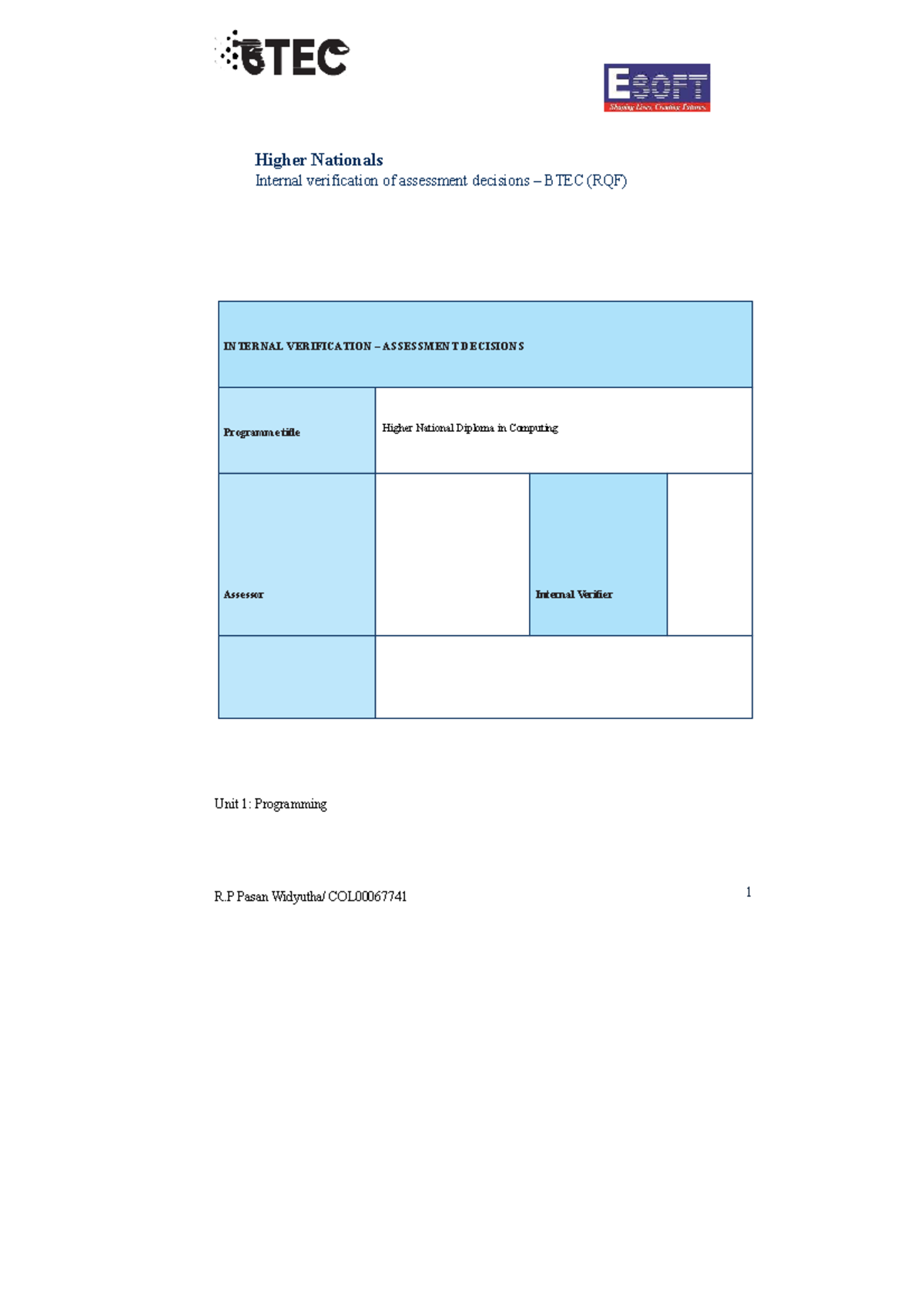 Unit 01: Programming Assignment - Distinction Feedback & Guidelines - Studocu