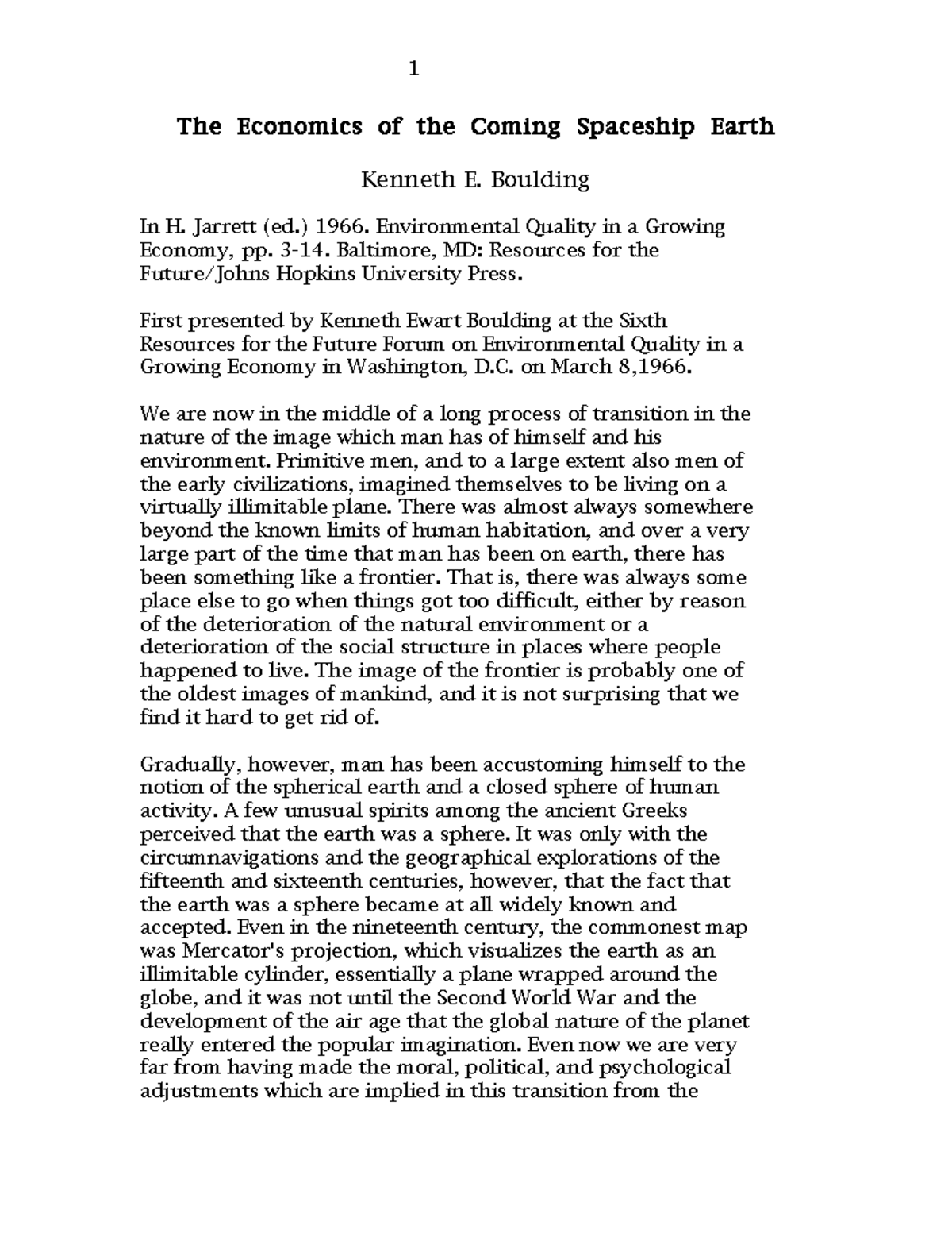 Boulding (1966) - Economic Insights on Spaceship Earth Concept - Studocu