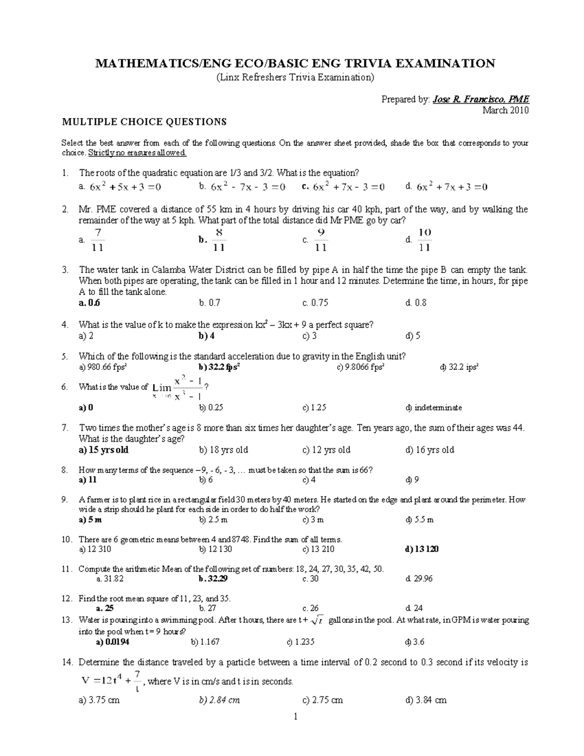 Mathematics Trivia Examination with Answer Key (Linx Refresh April 2010 ...