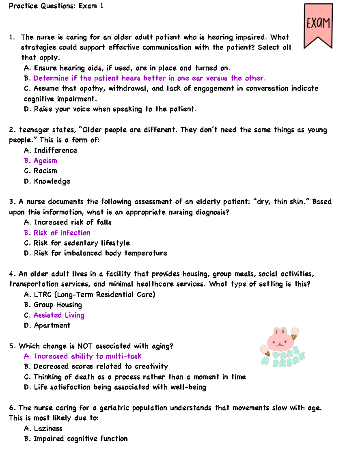 Practice Questions: Exam 1 for Gerontological Nursing - Studocu
