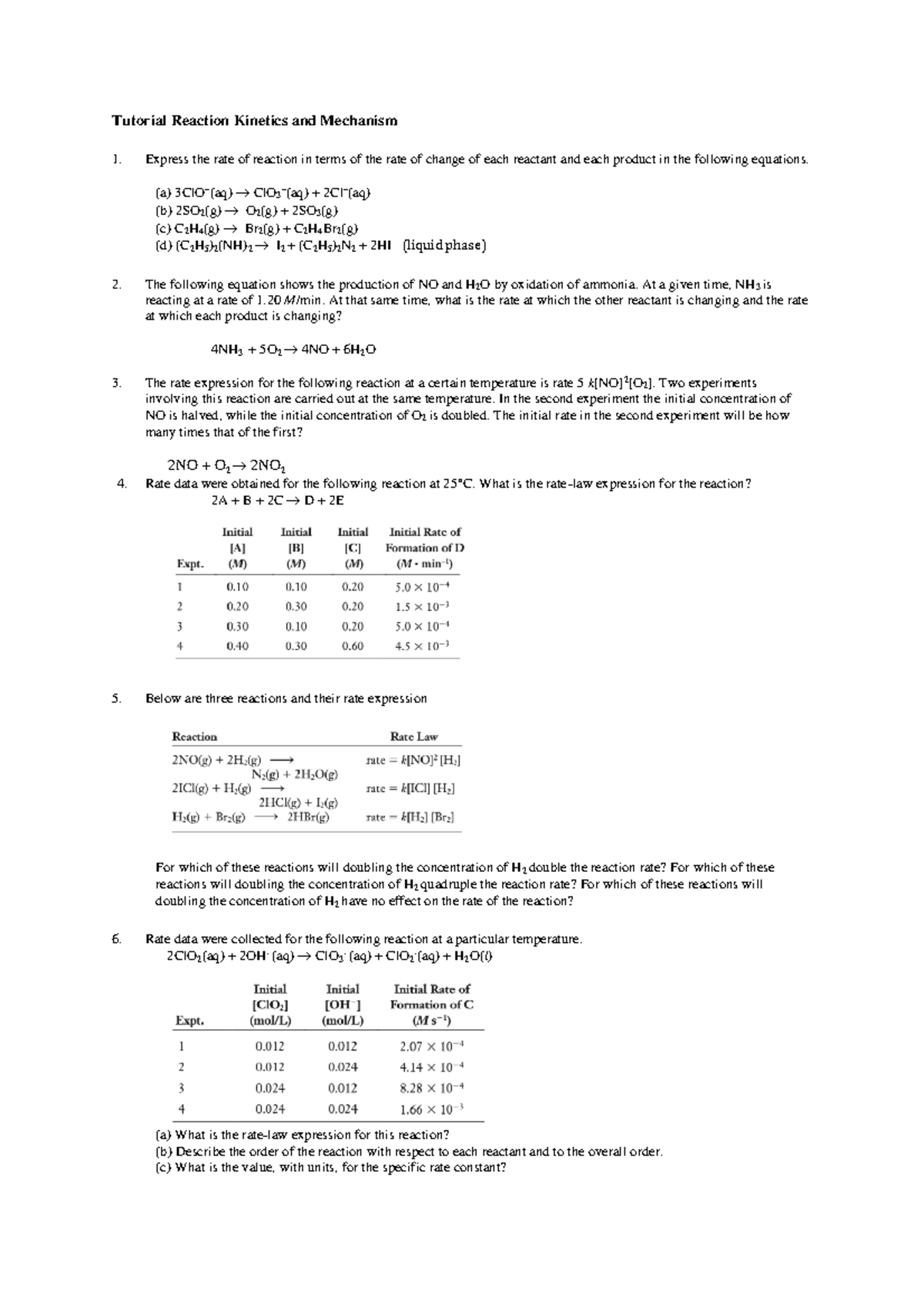 Tutorial: Kinetics and Mechanisms (Chapters & Rate Laws) - Studocu