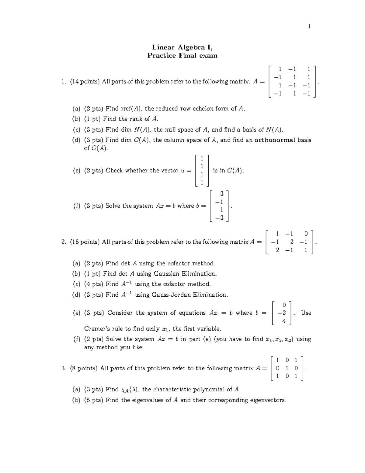 Linear Algebra I - Final Exam Practice Questions - Studocu