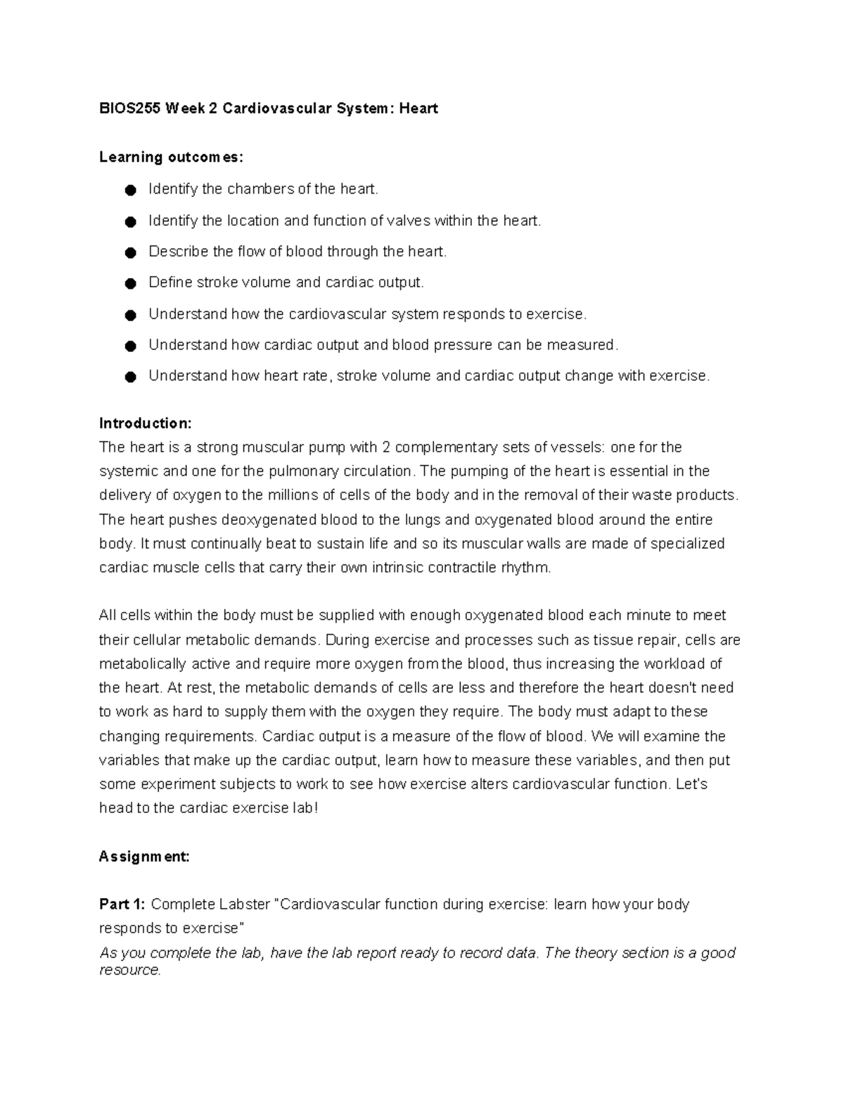 BIOS255 Cardiovascular System Lab Report: Heart Function During Exercise - Studocu