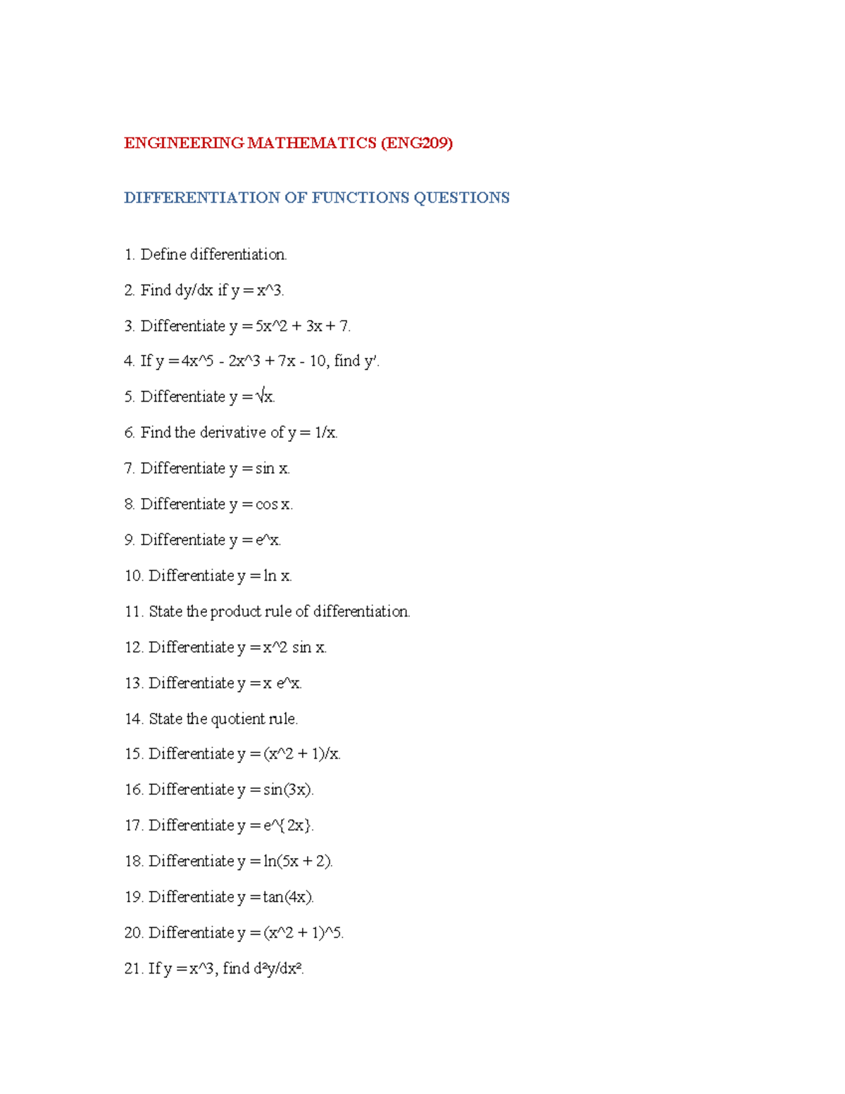 ENG209 Differentiation of Functions: Practice Questions - Studocu