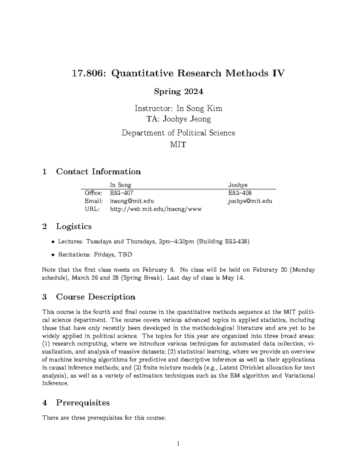 17.806: Quantitative Research Methods IV Syllabus - Spring 2024 - Studocu