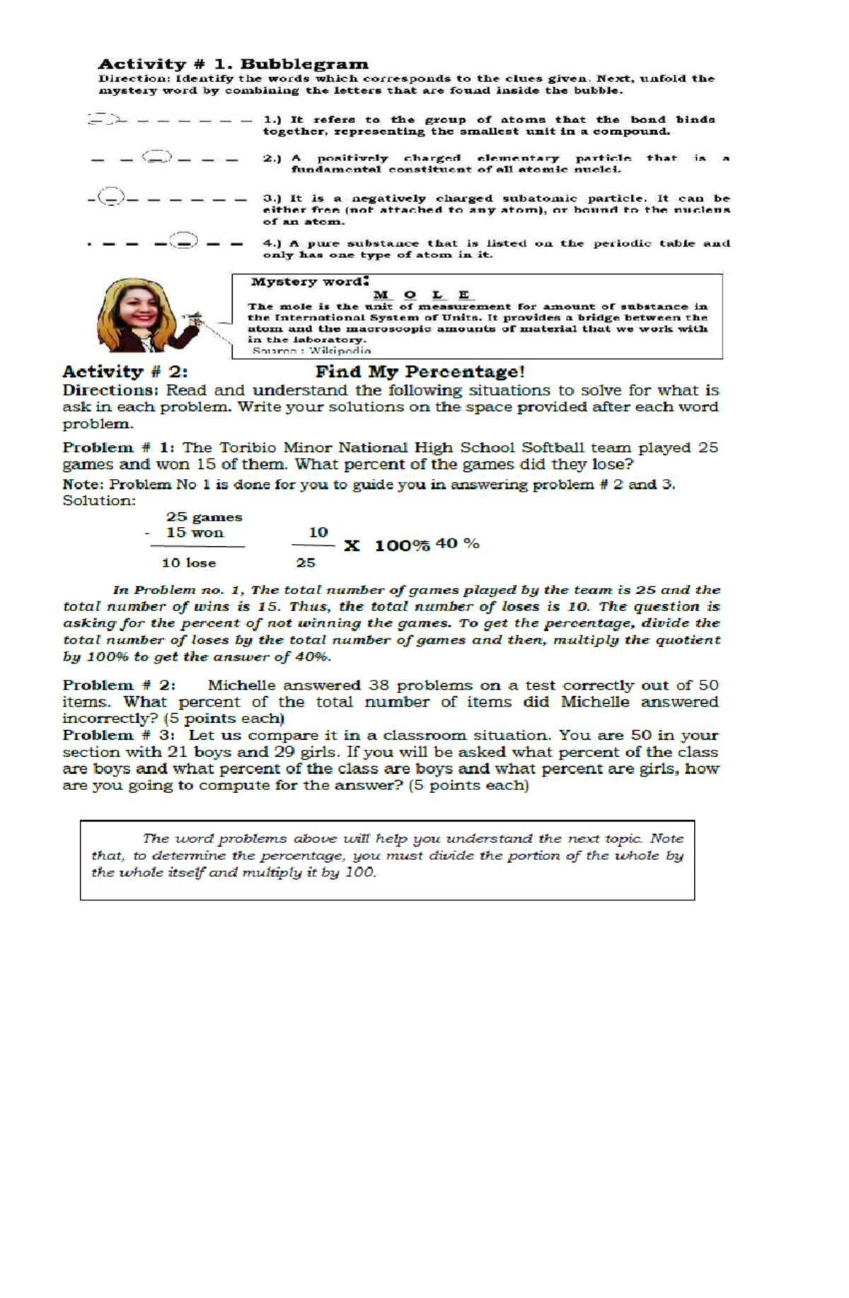 Q2 Lesson on Mole: Activities on Percentage Composition and Chemical ...