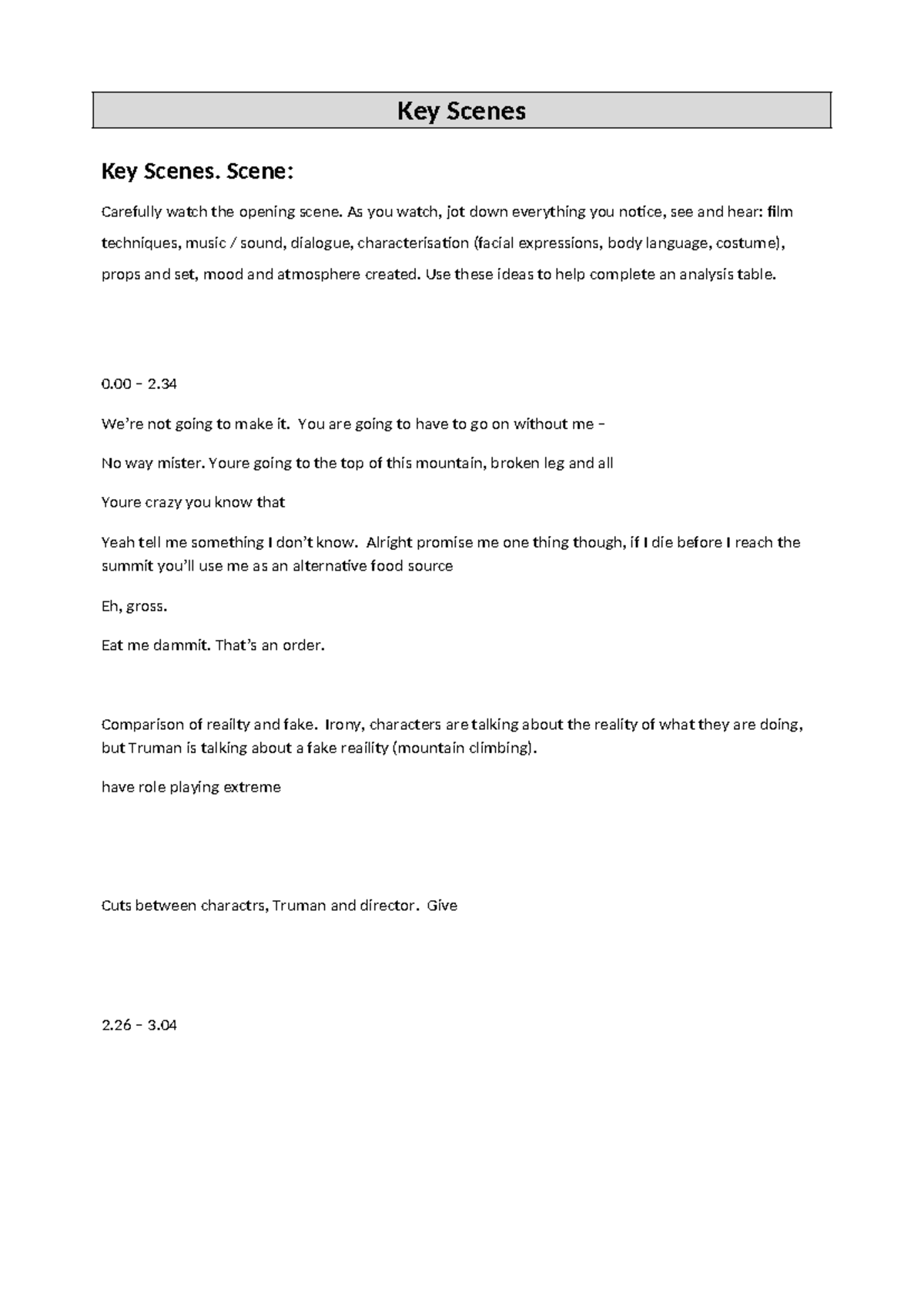 Key Scene Analysis (Truman Show) - Detailed Breakdown - Studocu