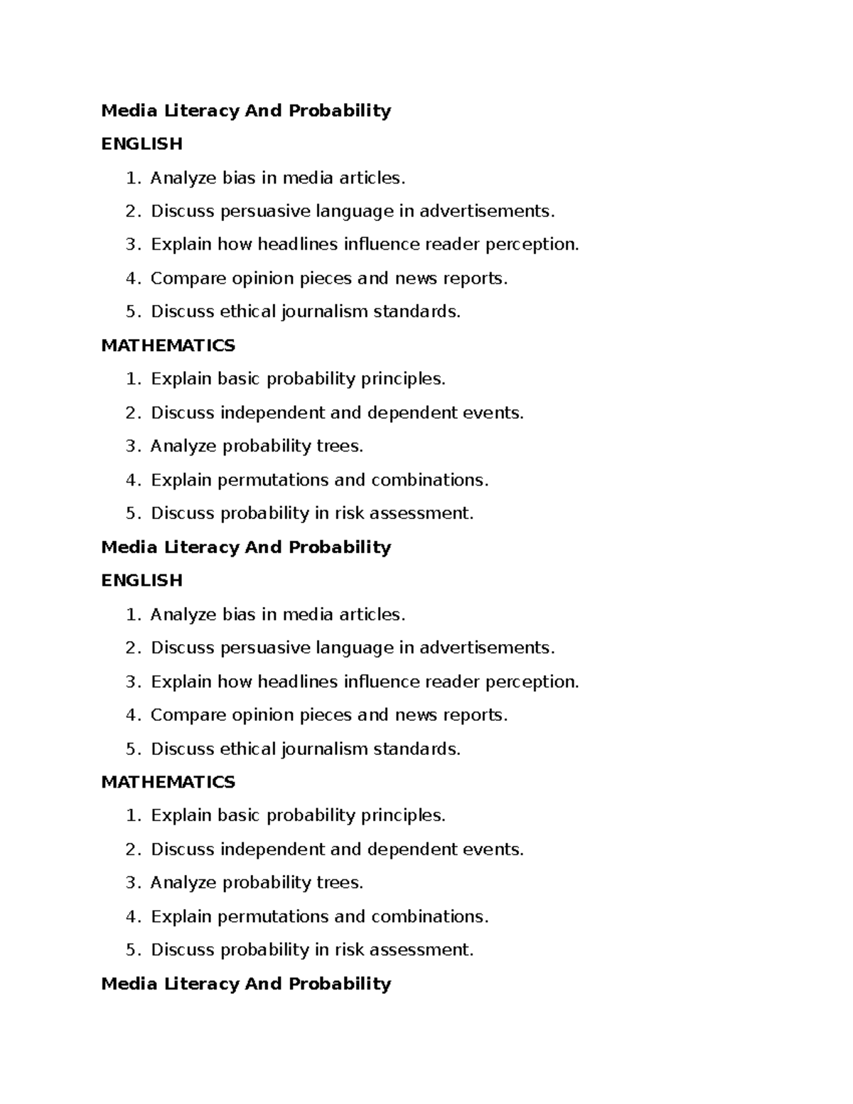 Media Literacy & Probability: ENGLISH & MATHEMATICS Overview - Studocu