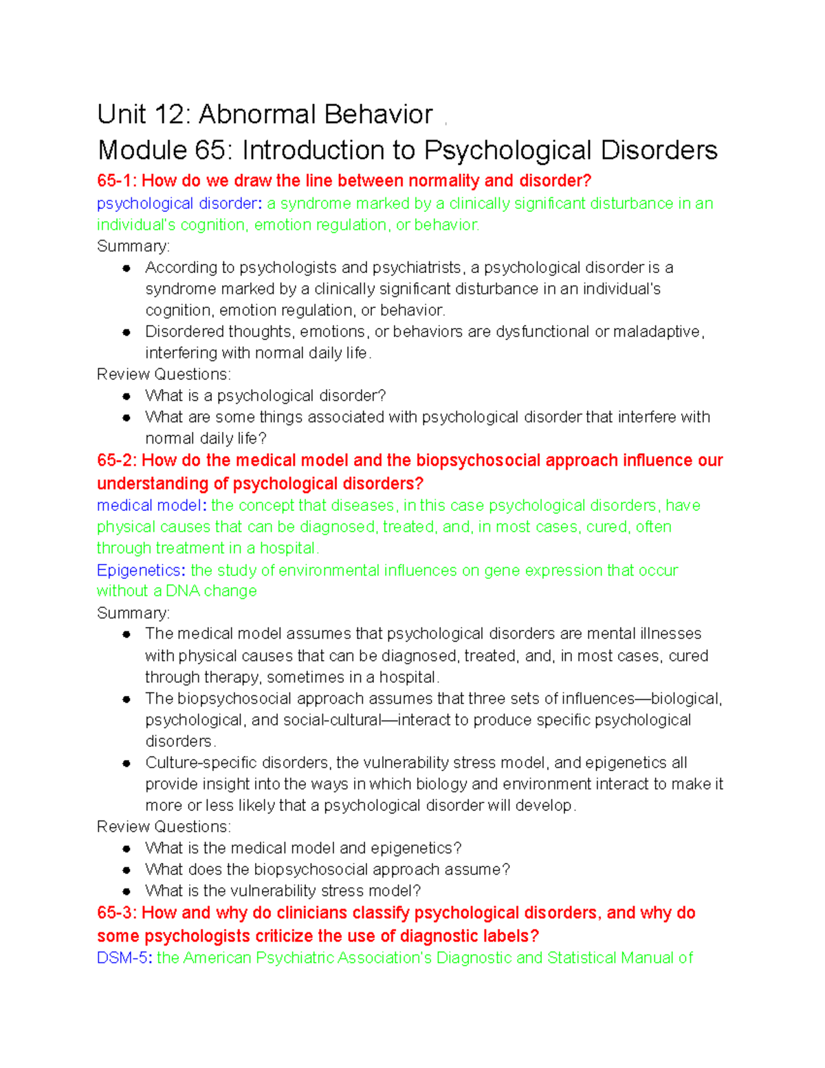Unit 12 + Unit 13 Q-Notes(Modules 65-73) - Unit 12: Abnormal Behavior ...