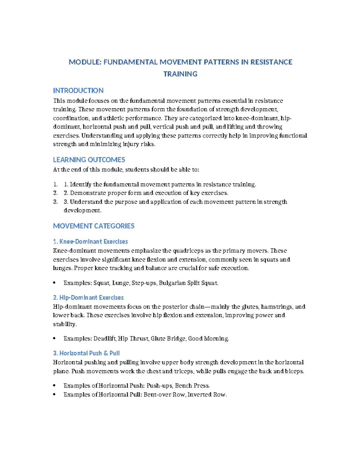 MODULE: FUNDAMENTAL MOVEMENT PATTERNS IN RESISTANCE TRAINING - Studocu